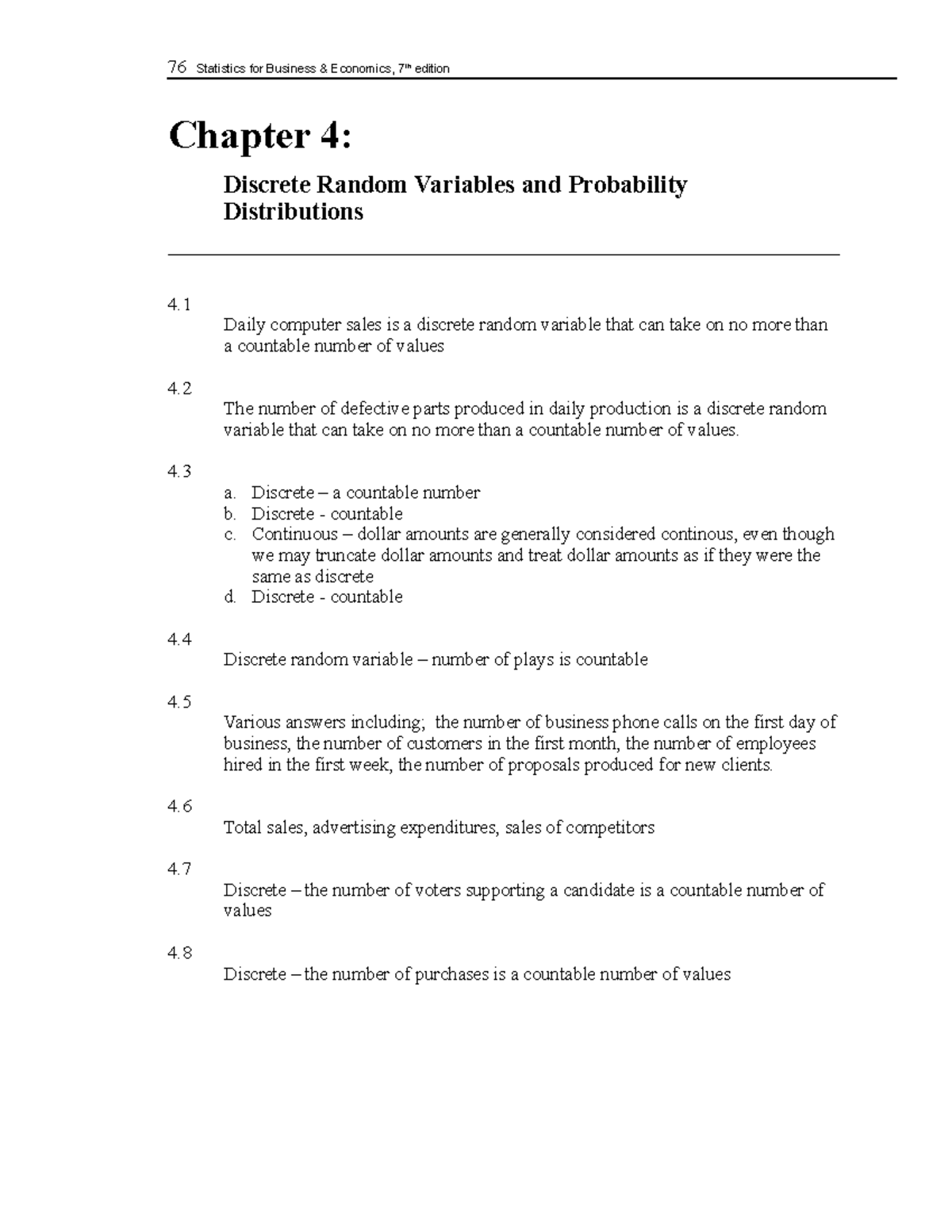 Newbold stat7 ism 04 - Helpful for course - Chapter 4: Discrete Random Variables and Probability ...