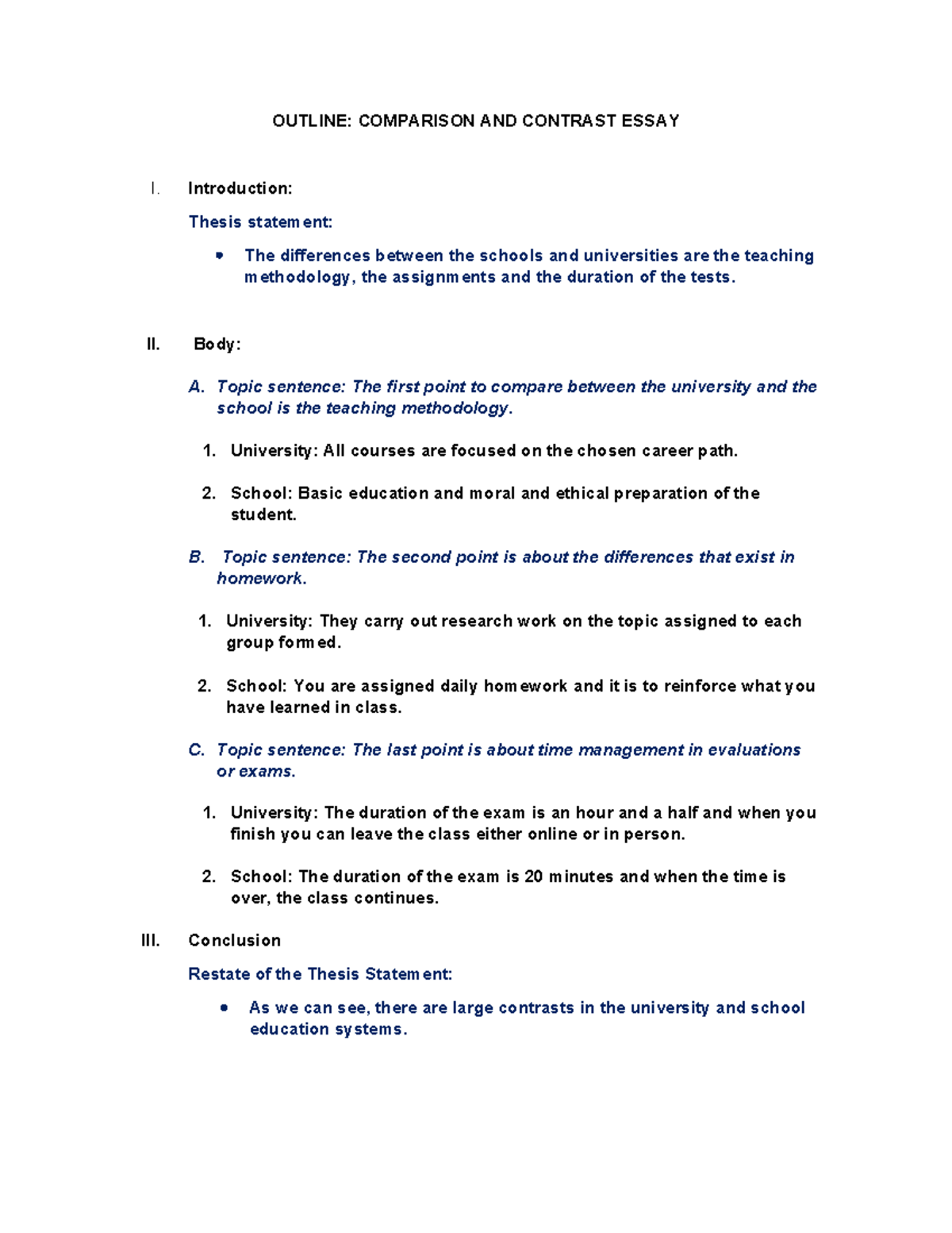 Outline - Comparison AND Contrast Essay Point BY Point - OUTLINE ...