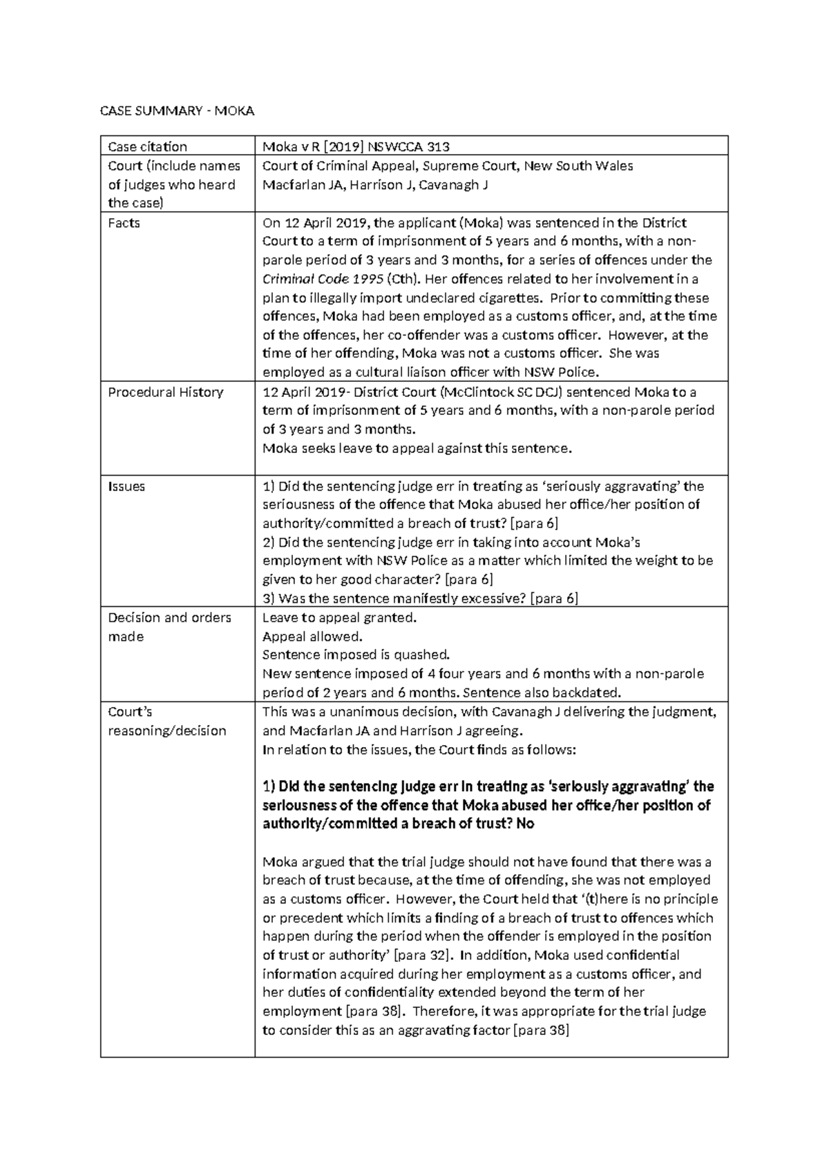 Case summary template Moka v R 2024 - CASE SUMMARY - MOKA Case citation ...
