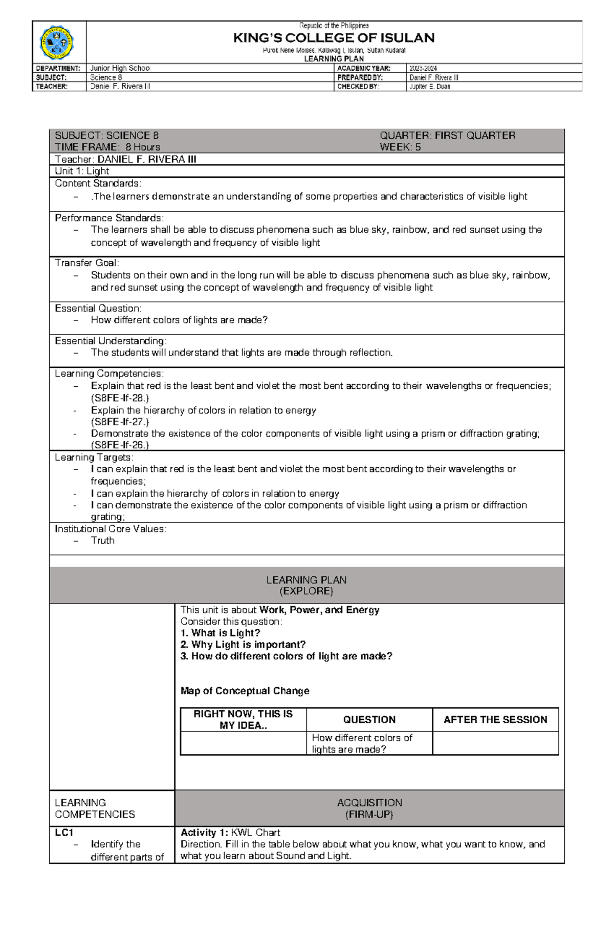 Science 8 Learning Plan U3 - SUBJECT: SCIENCE 8 QUARTER: FIRST QUARTER ...