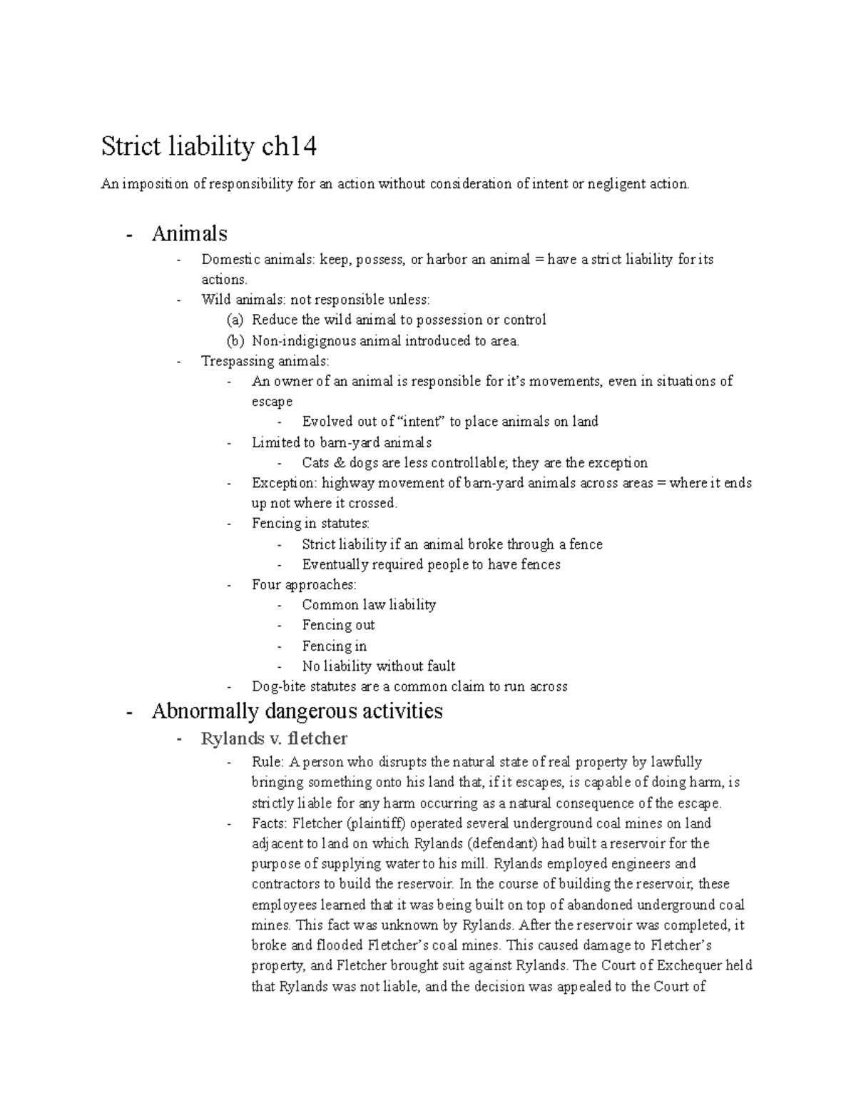 Advanced Torts Outline - Strict liability ch An imposition of ...