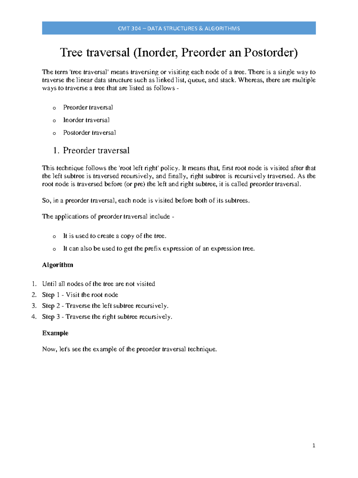 Lecture 8 -Tree traversal - Tree traversal (Inorder, Preorder an ...