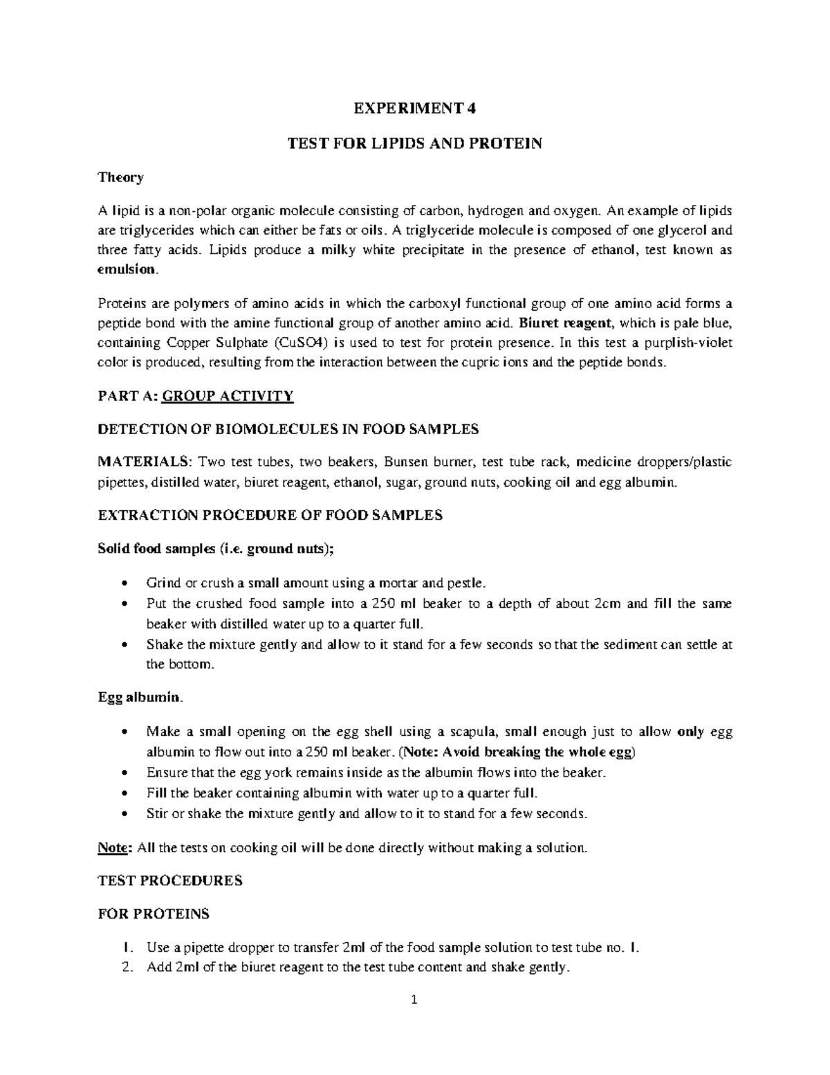 Experiment 4-2018 - 1 EXPERIMENT 4 TEST FOR LIPIDS AND PROTEIN Theory A ...