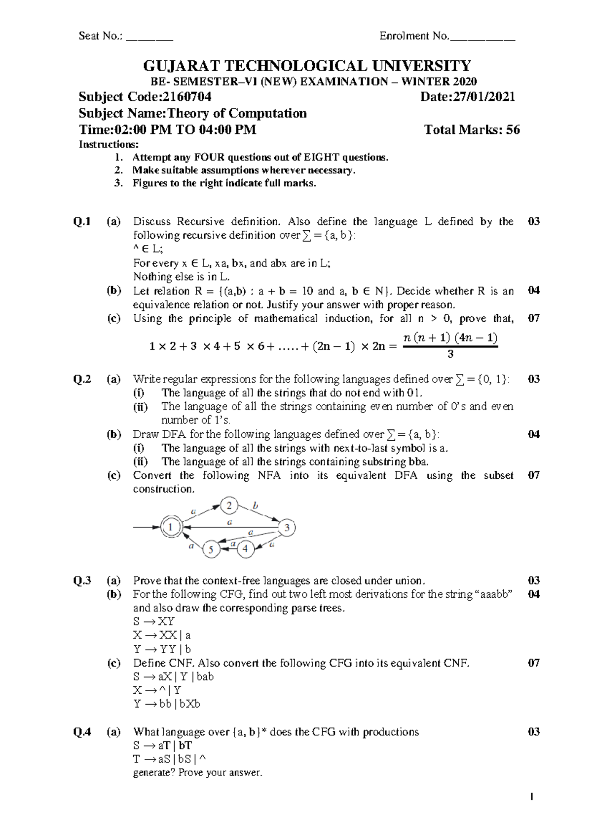 TOC W2020 - 1 Seat No.: ________ Enrolment No.___________ GUJARAT ...