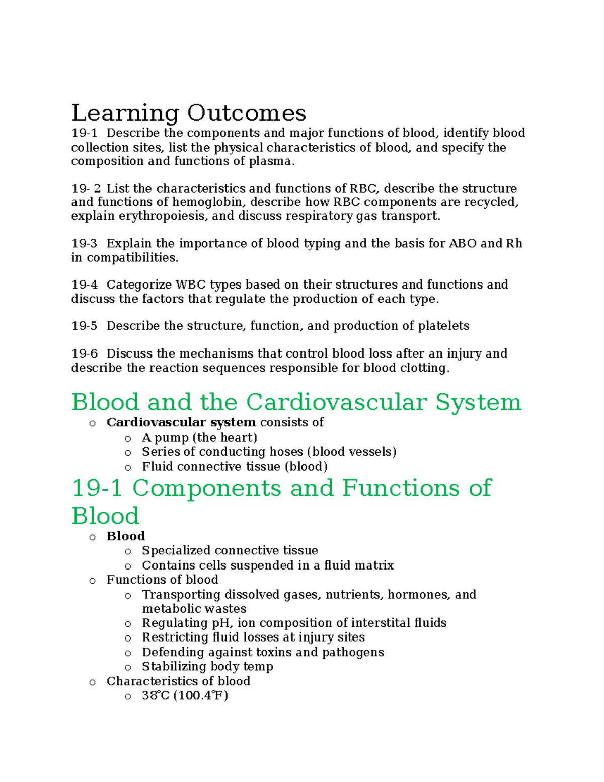 Chapter 19 Blood notes - vatnik - Learning Outcomes 19-1 Describe the ...