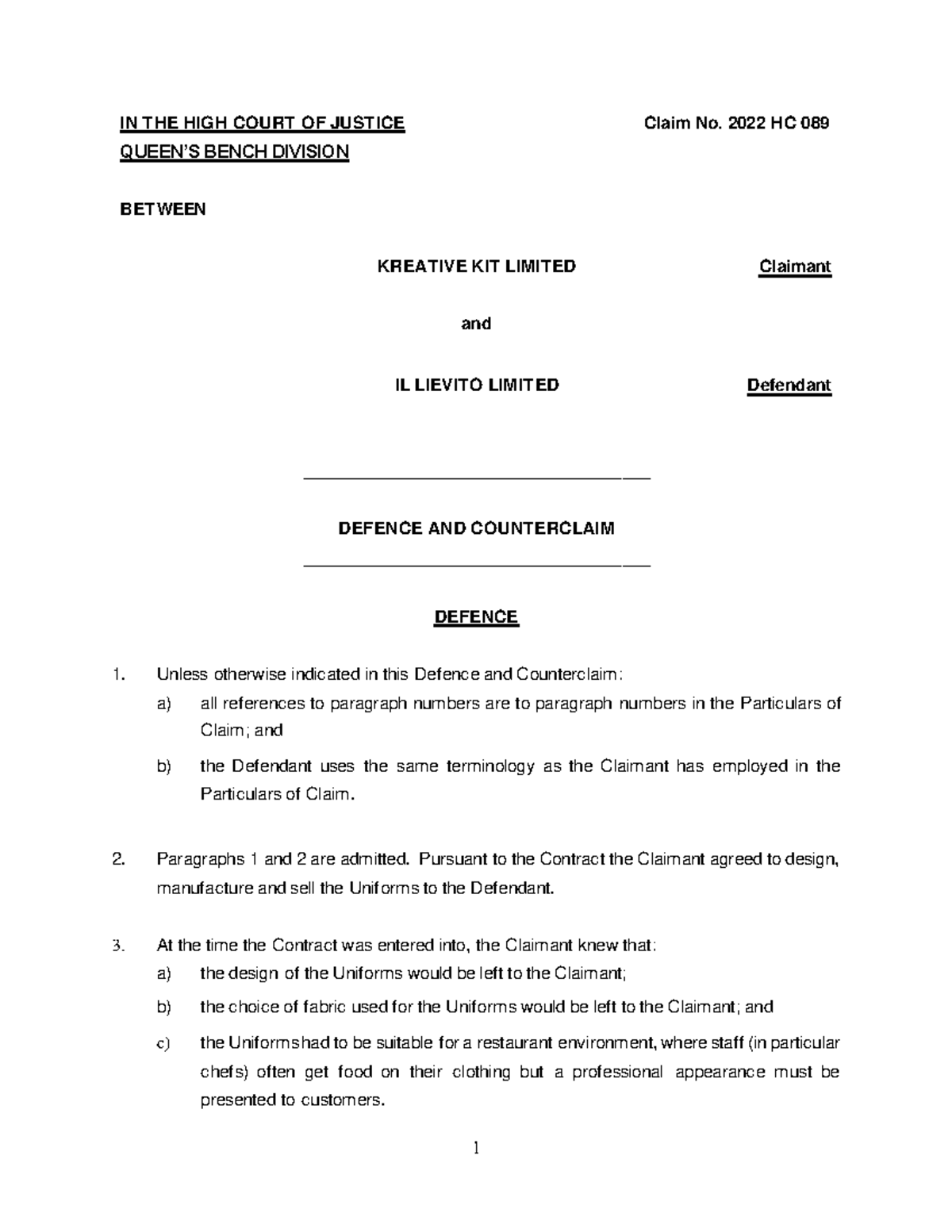 Sample defence w4 - IN THE HIGH COURT OF JUSTICE QUEEN’S BENCH DIVISION ...