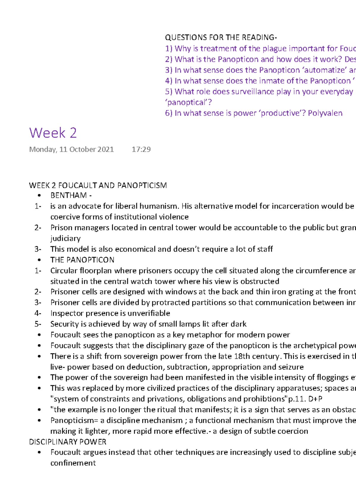 Week 2 - surveillance notes - WEEK 2 FOUCAULT AND PANOPTICISM • BENTHAM ...