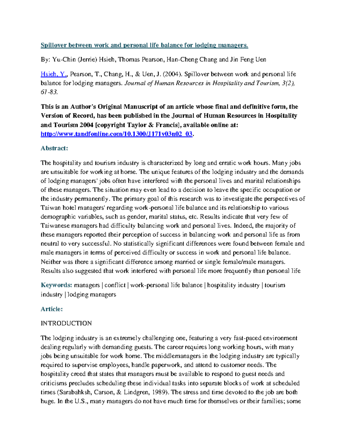 Y Hsieh Spillover 2004 - Theory - Spillover between work and personal ...