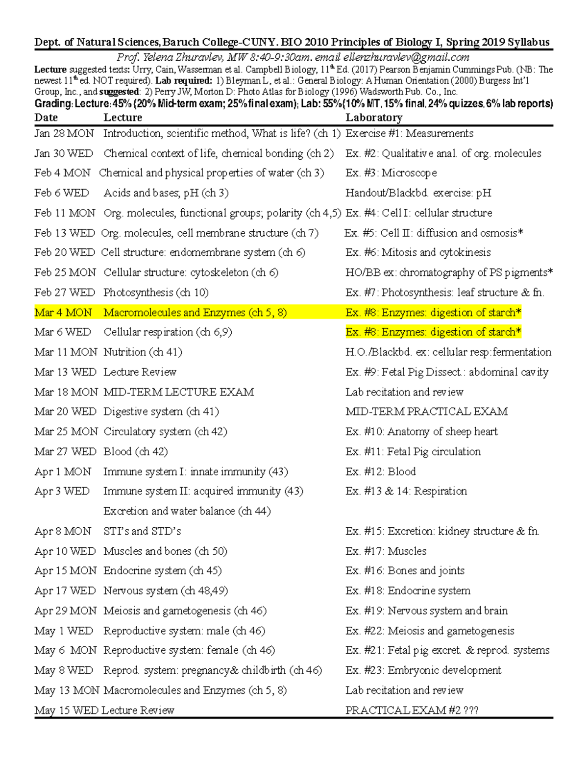 BIO2010 syllabus S 19 update 2 fundamentals biology 1 - Dept. of ...