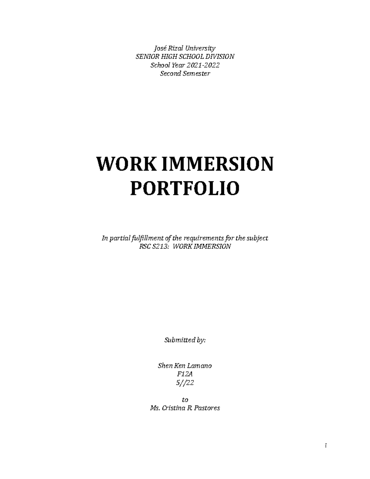 Work Immersion Portfolio 28FB29-SY21-22 Lamano - José Rizal University ...