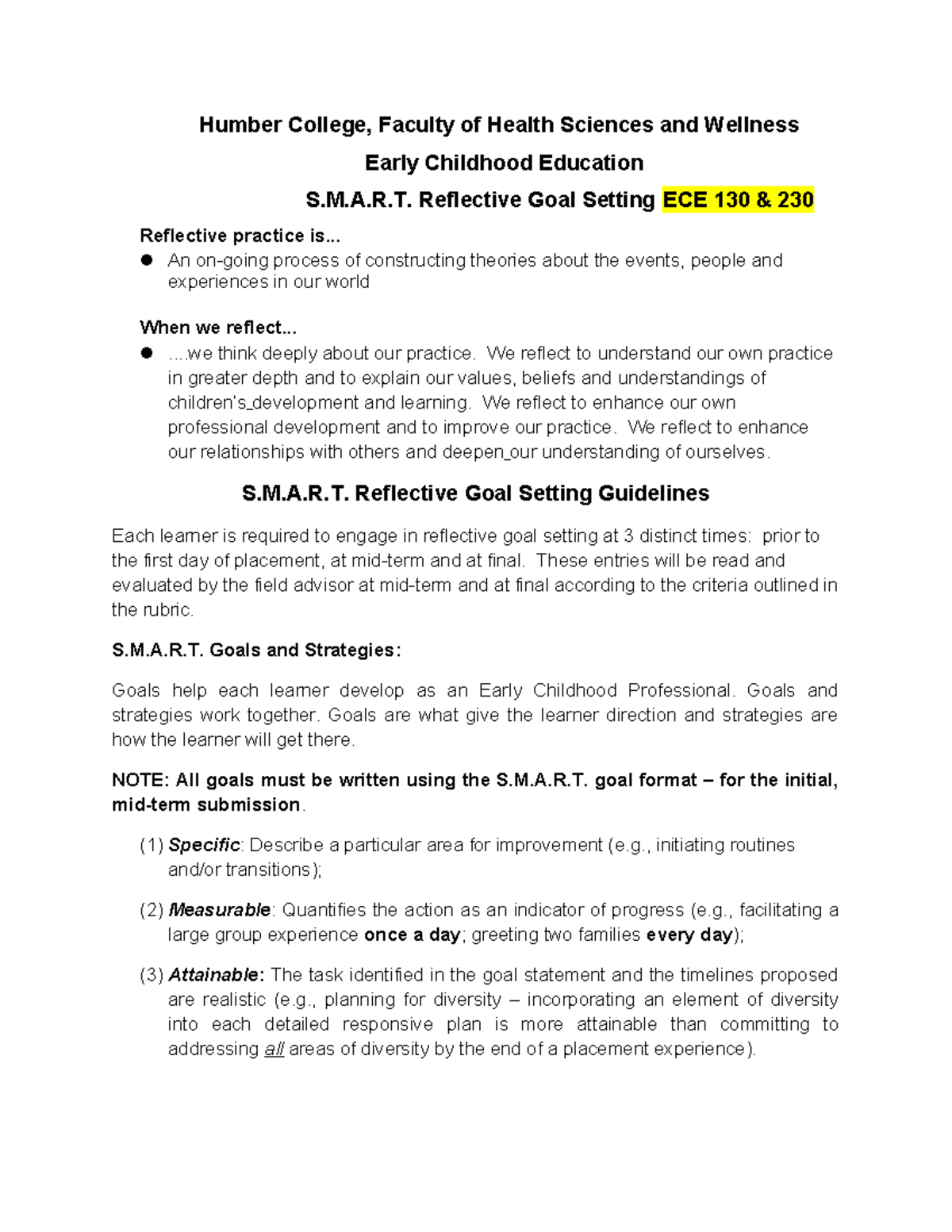 S.M.A.R.T. Reflective Goal Setting ECE 130 and 230 (2) - Humber College ...