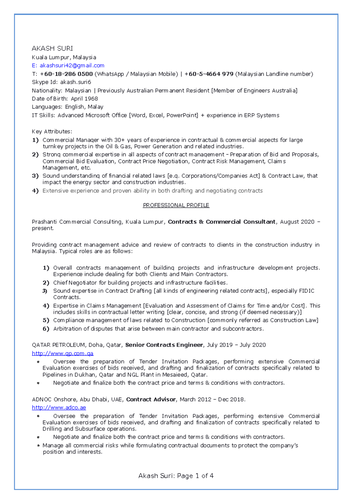 Akash Suri - AKASH SURI Kuala Lumpur, Malaysia E: akashsuri42@gmail T ...