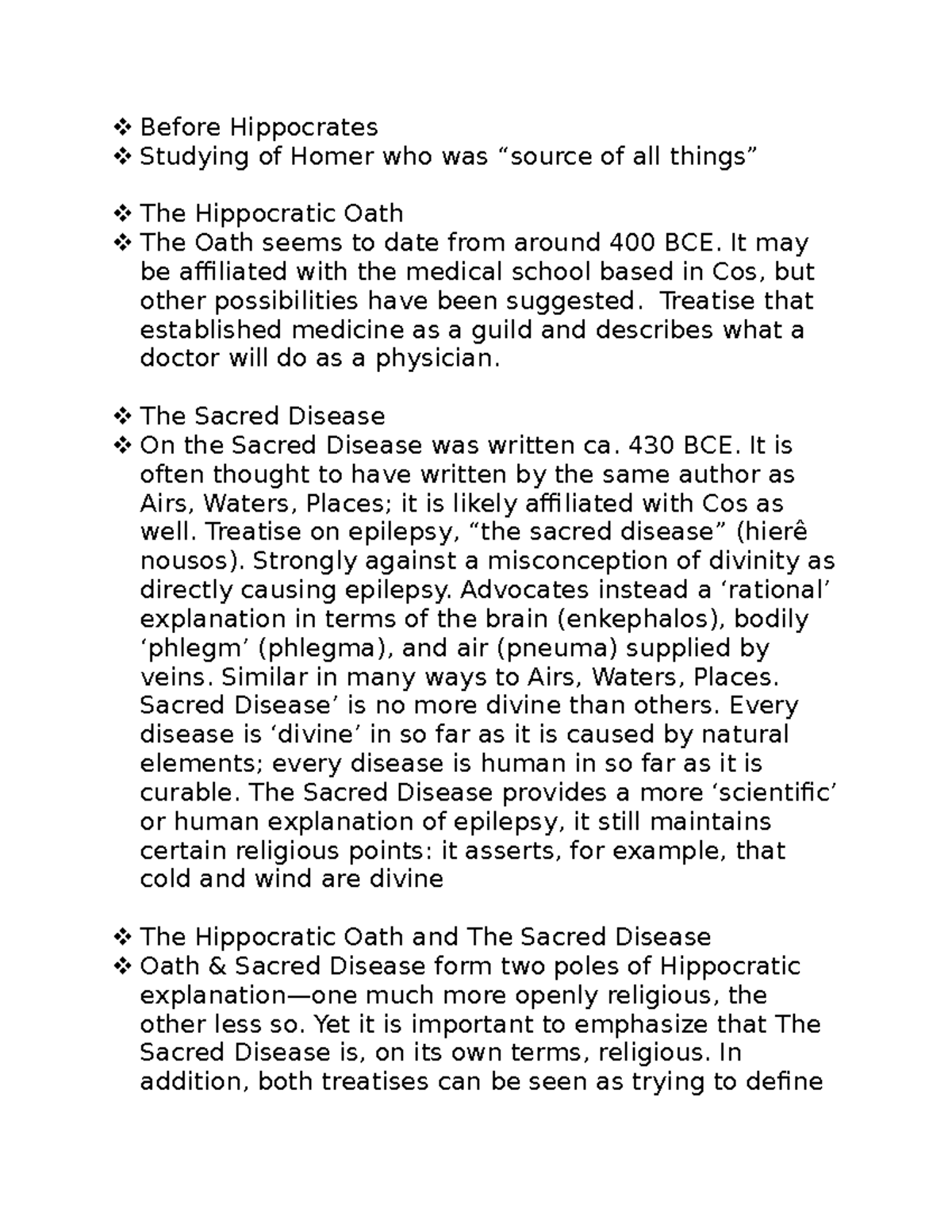 Key Topics and lecture notes - Before Hippocrates Studying of Homer who ...