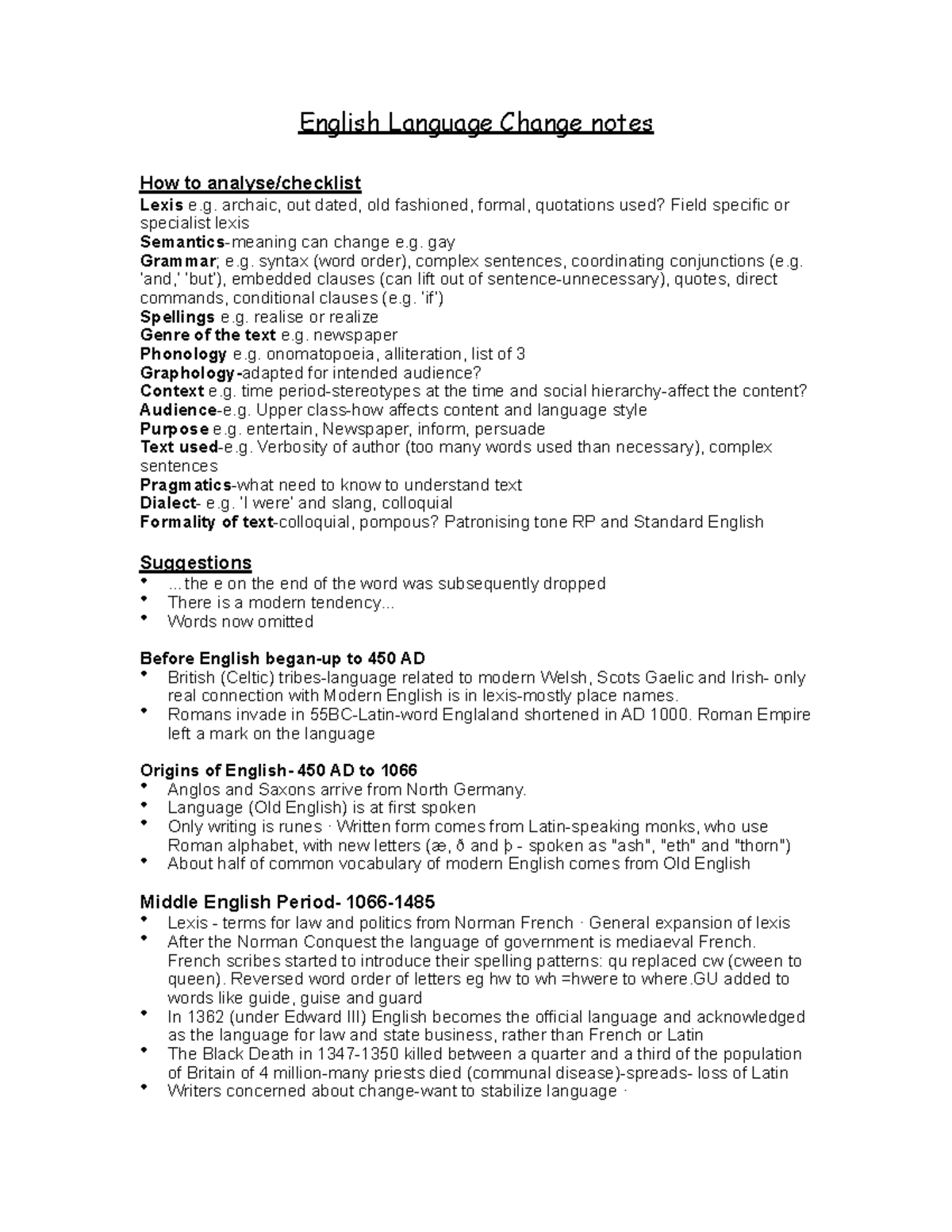 History - English Language Change notes How to analyse/checklist Lexis ...