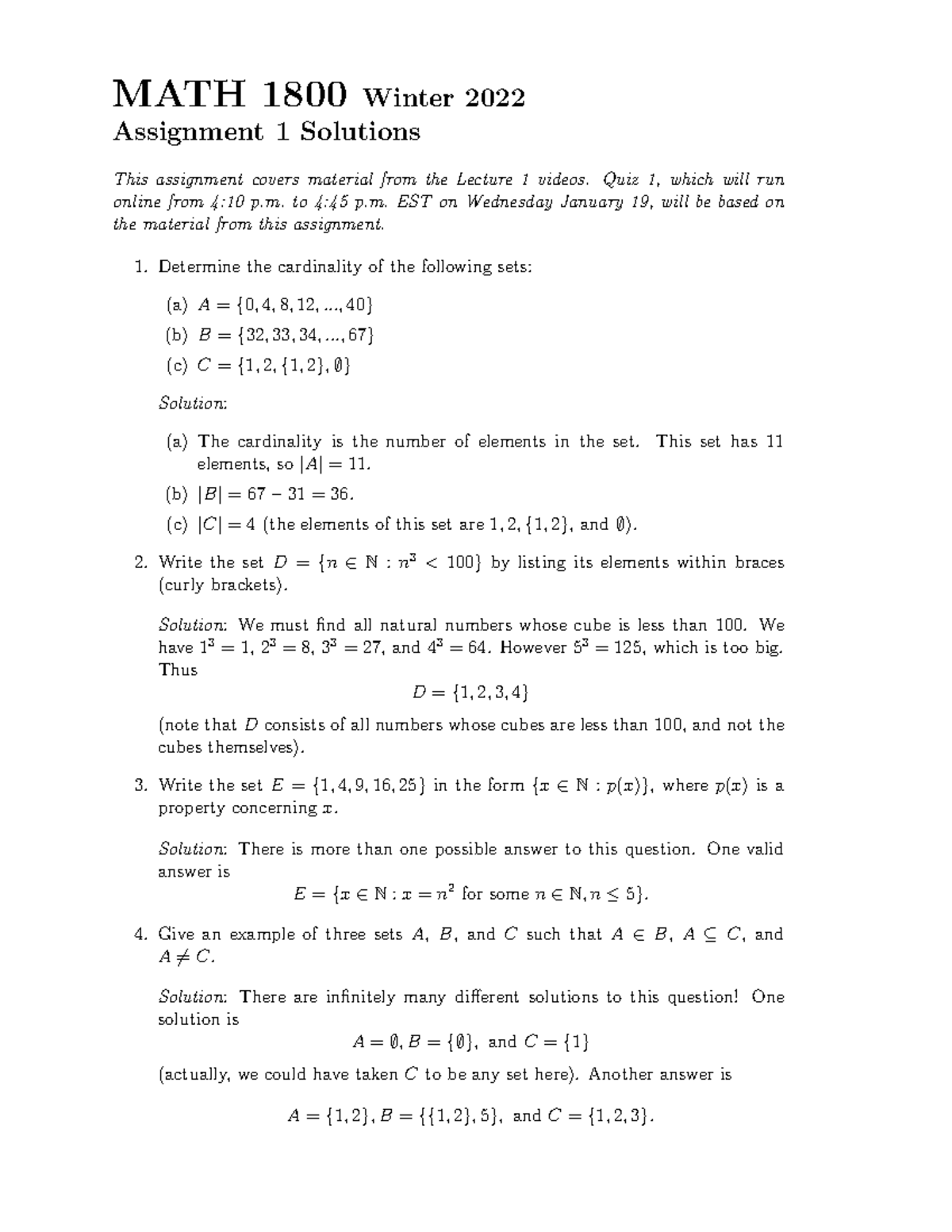 1800assign 1solns - Math1800 - MATH 1800 Winter 2022 Assignment 1 ...