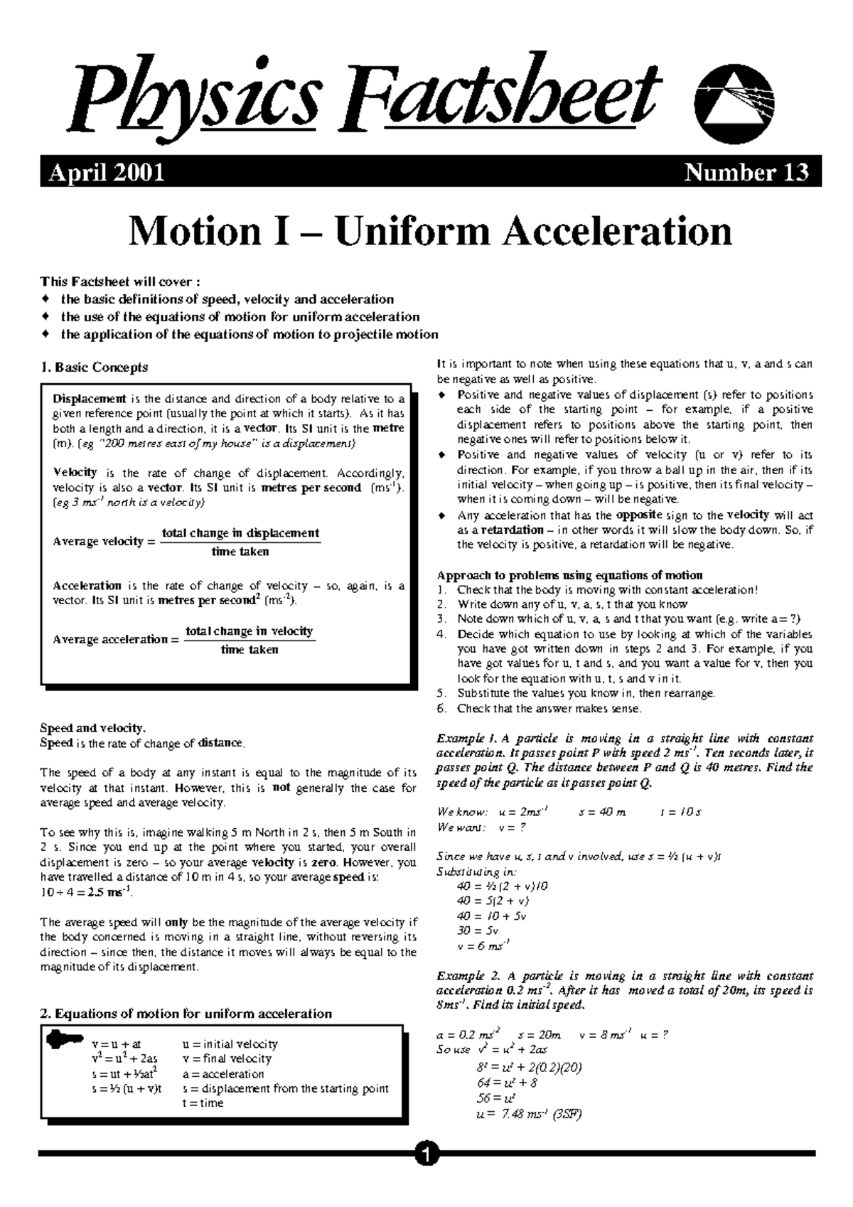 Unit 1 Edexcel Physics A-level - April 2001 Number 13 Motion I ...