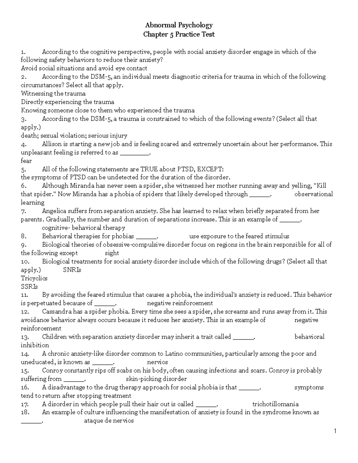 2020-Abnormal Psychology(Psy3500)-Practice Test Chapter 5 - Abnormal ...