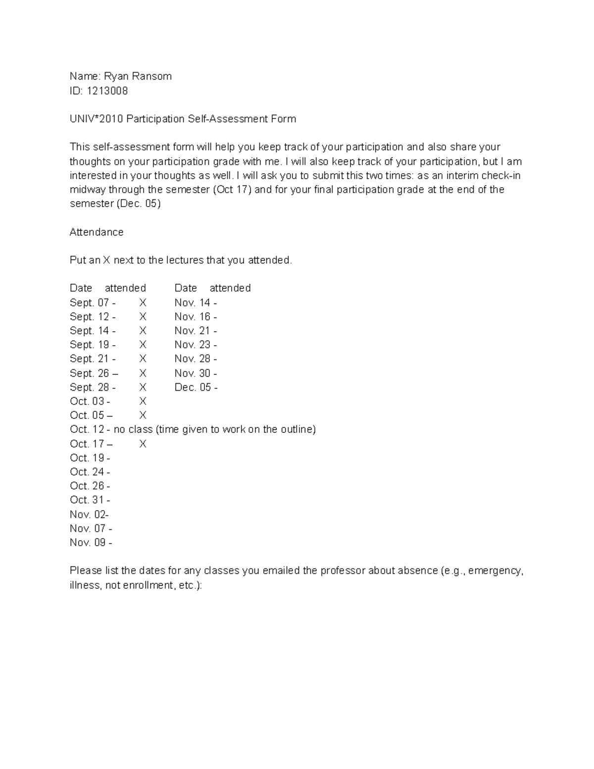UNIV 2010 Participation Self-Assessment Form Halfway - Name: Ryan ...