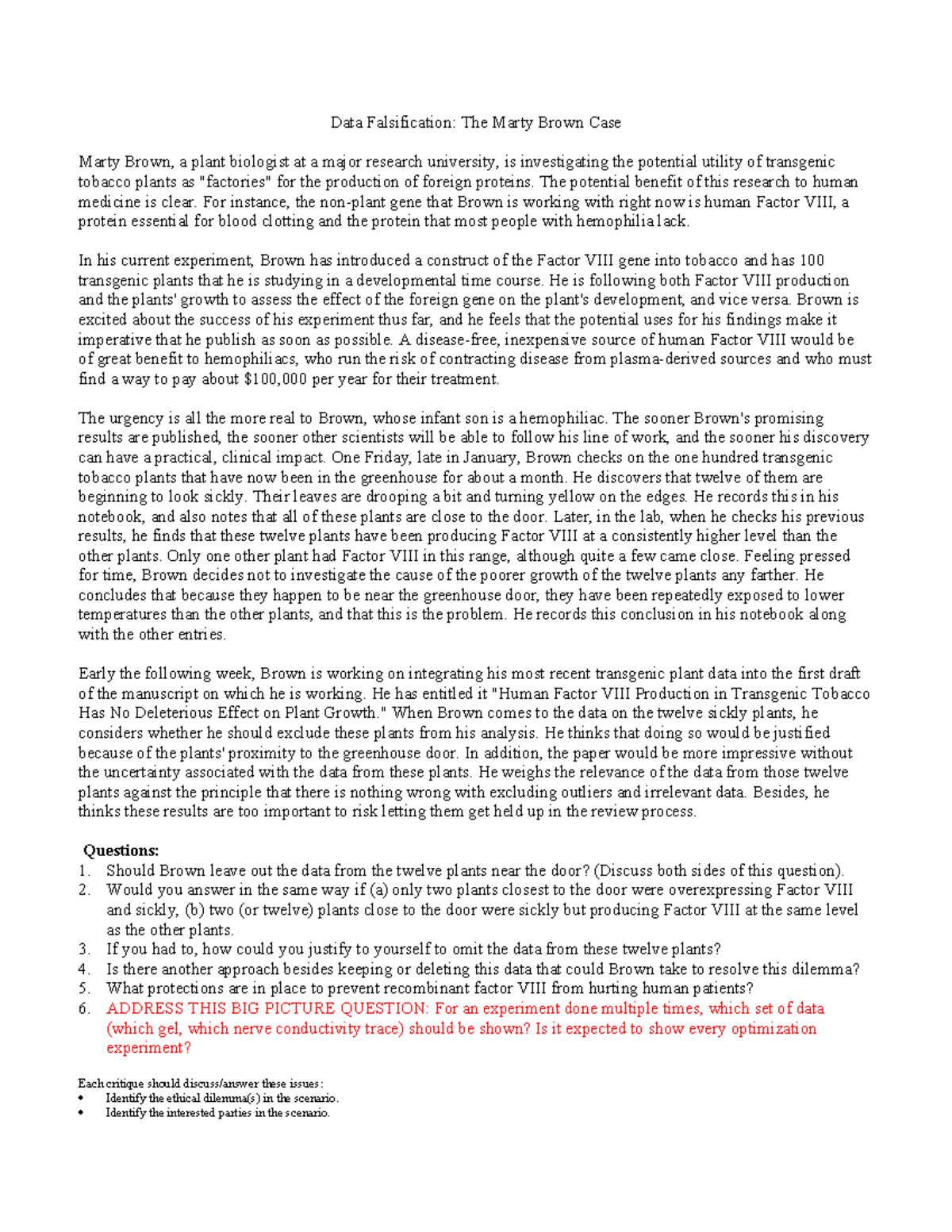 1 Data Falsification Research Ethic Data Falsification The Marty Brown Case Marty Brown A