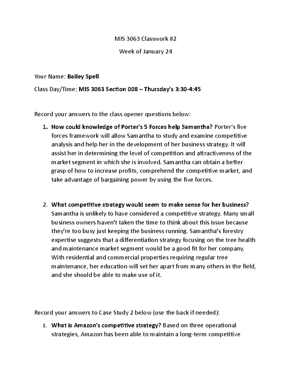 Classwork Notes - MIS 3063 Classwork # Week of January 24 Your Name ...