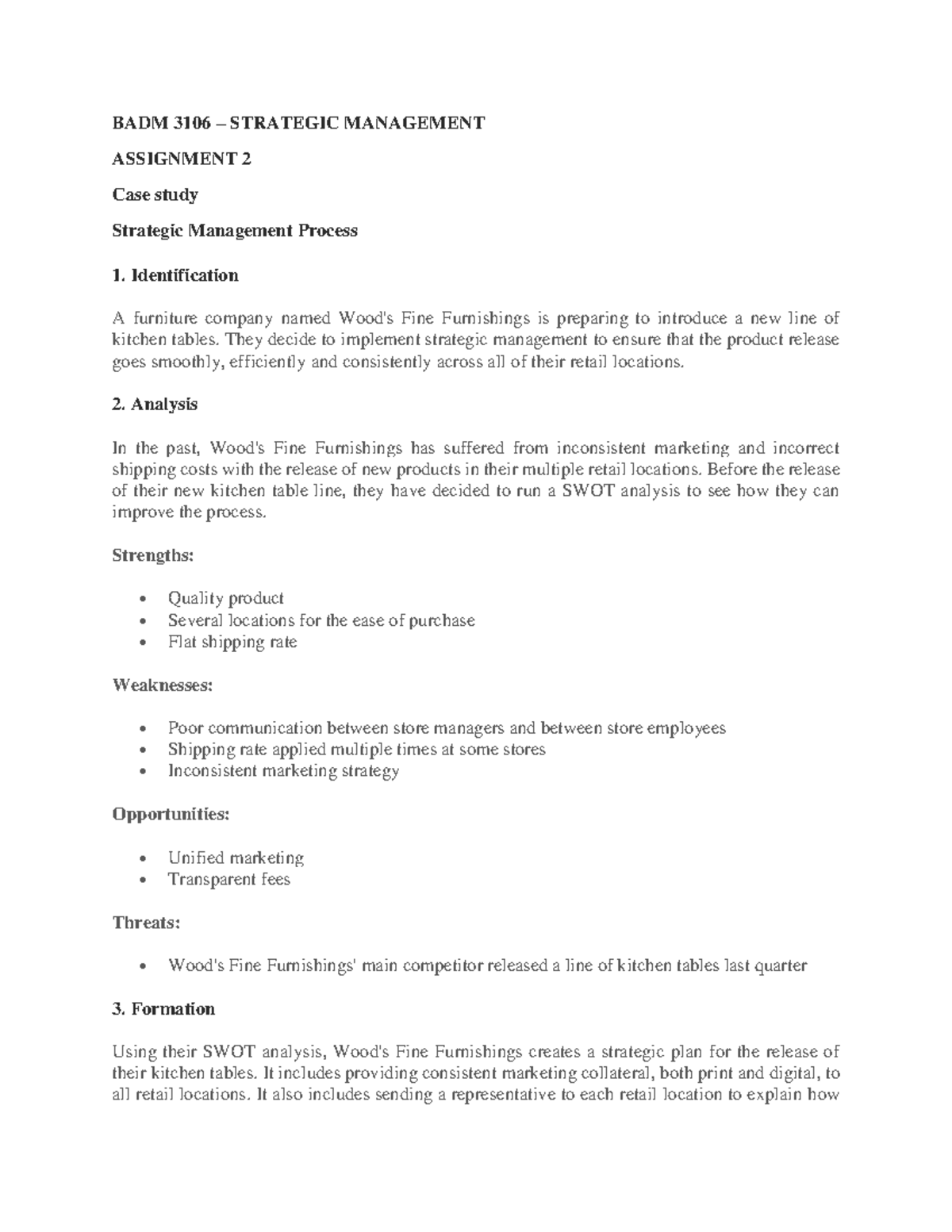 Assignment 2 -Strategic management process - Case study 2 - BADM 3106 ...