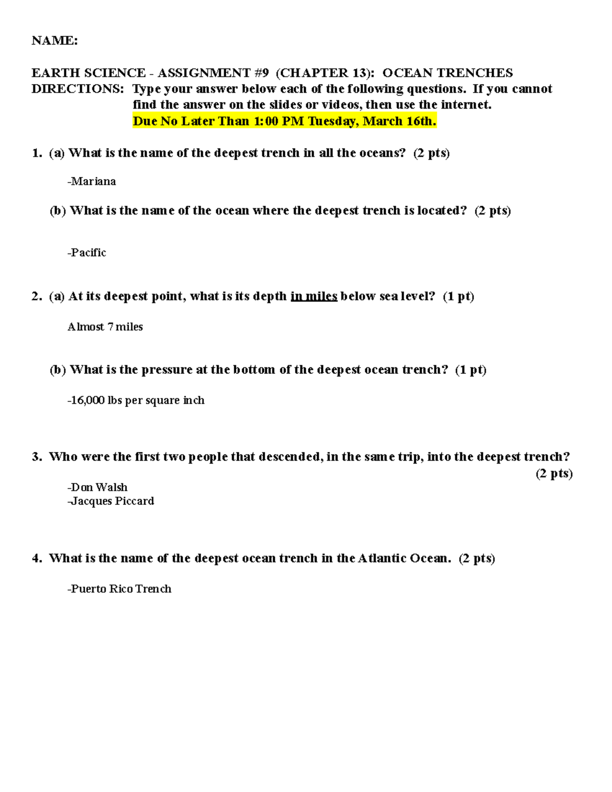 Chapter 13 Pt. 1 Assignment - NAME: EARTH SCIENCE - ASSIGNMENT #9 ...