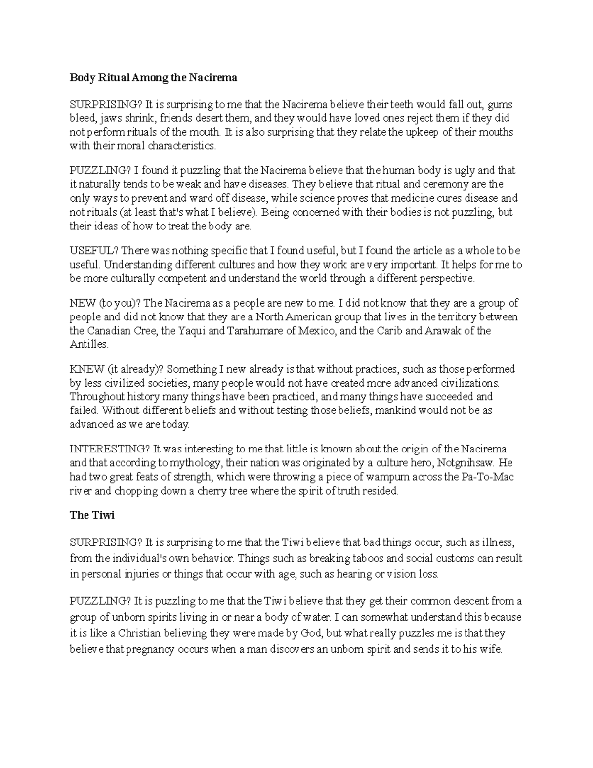 ANT 100 - Reading Notes - Body Ritual Among the Nacirema SURPRISING? It ...