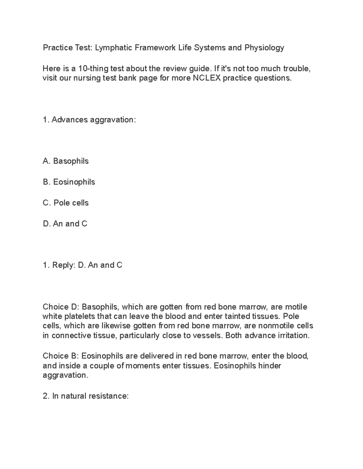 Practice Test Lymphatic Framework Life Systems and Physiology - If it's ...