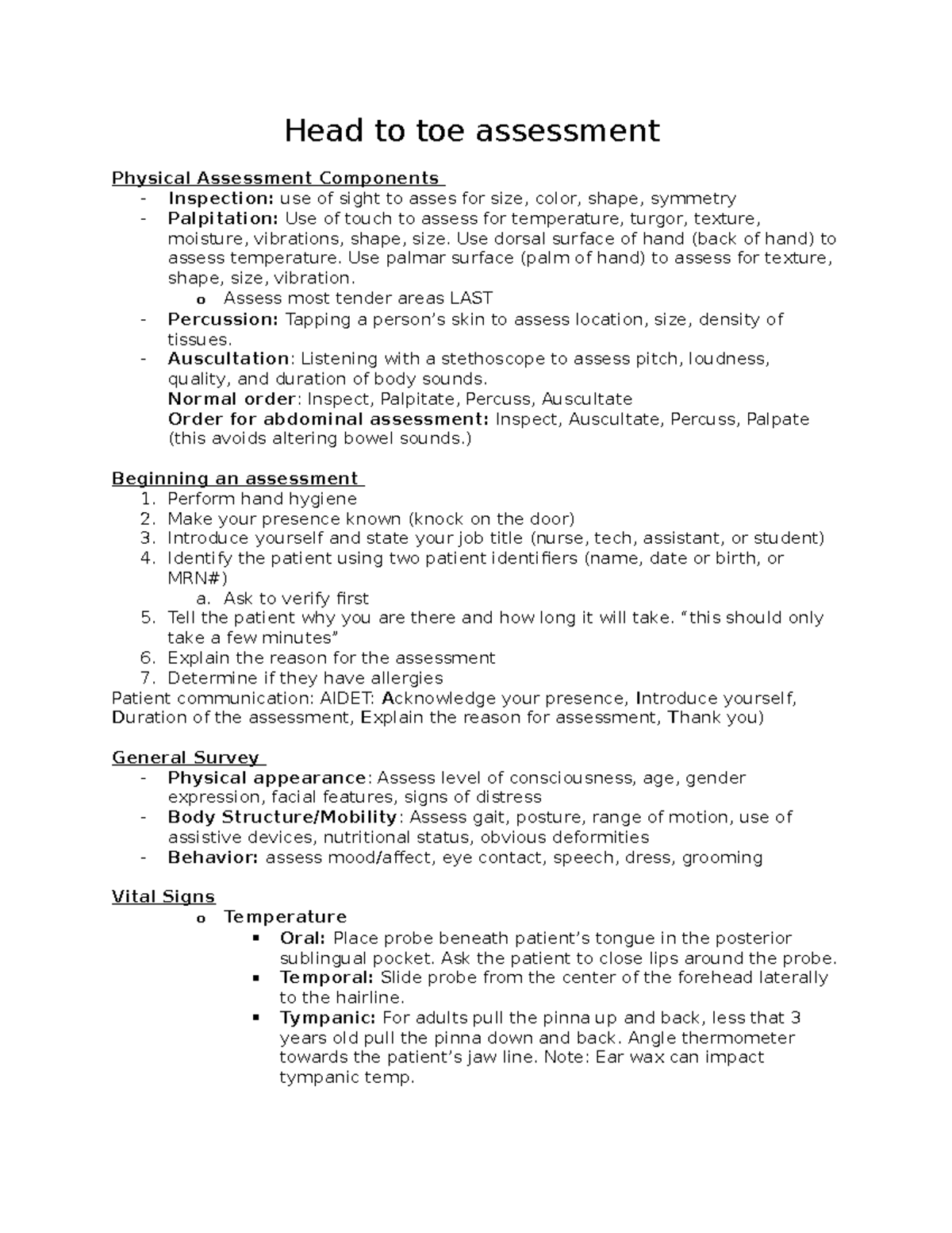Head to toe assessment - Study tool for great care. Read all nursing ...