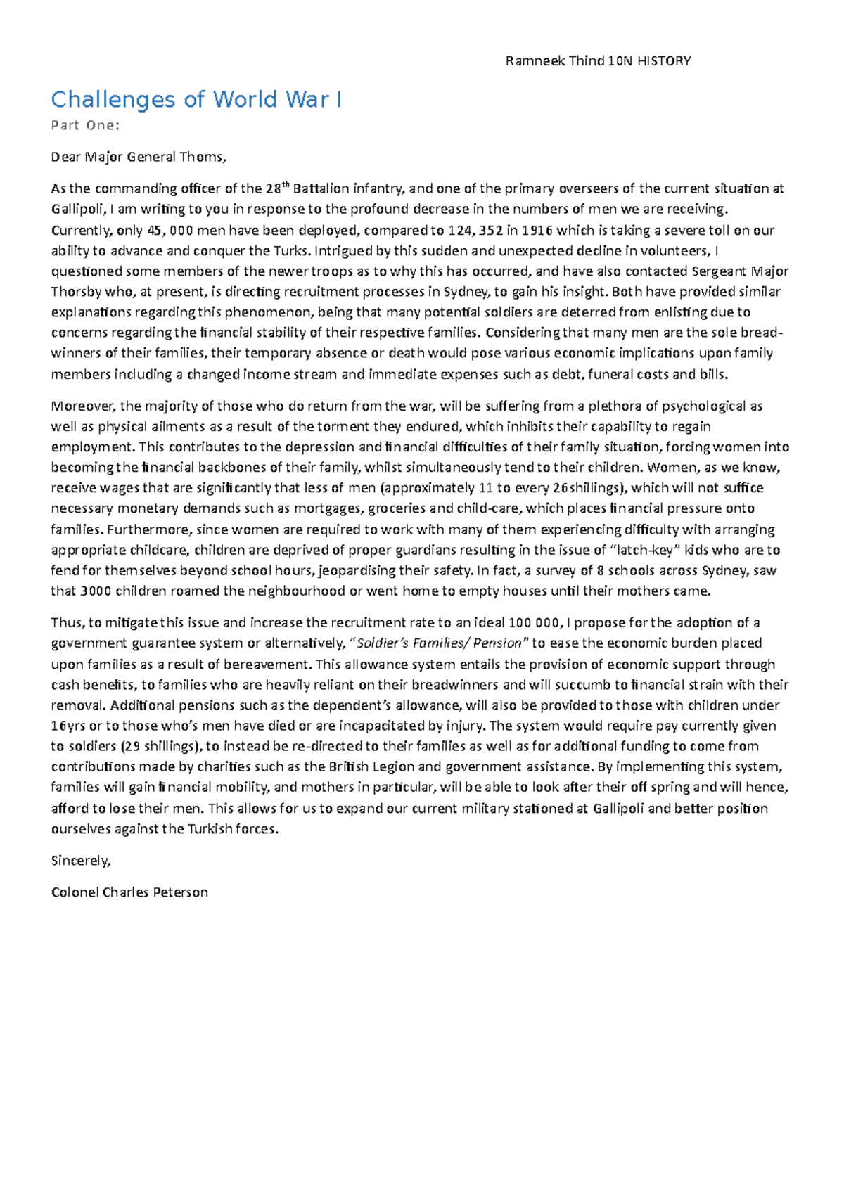 Challenges of WWI Assignment - Challenges of World War I Part One: Dear ...