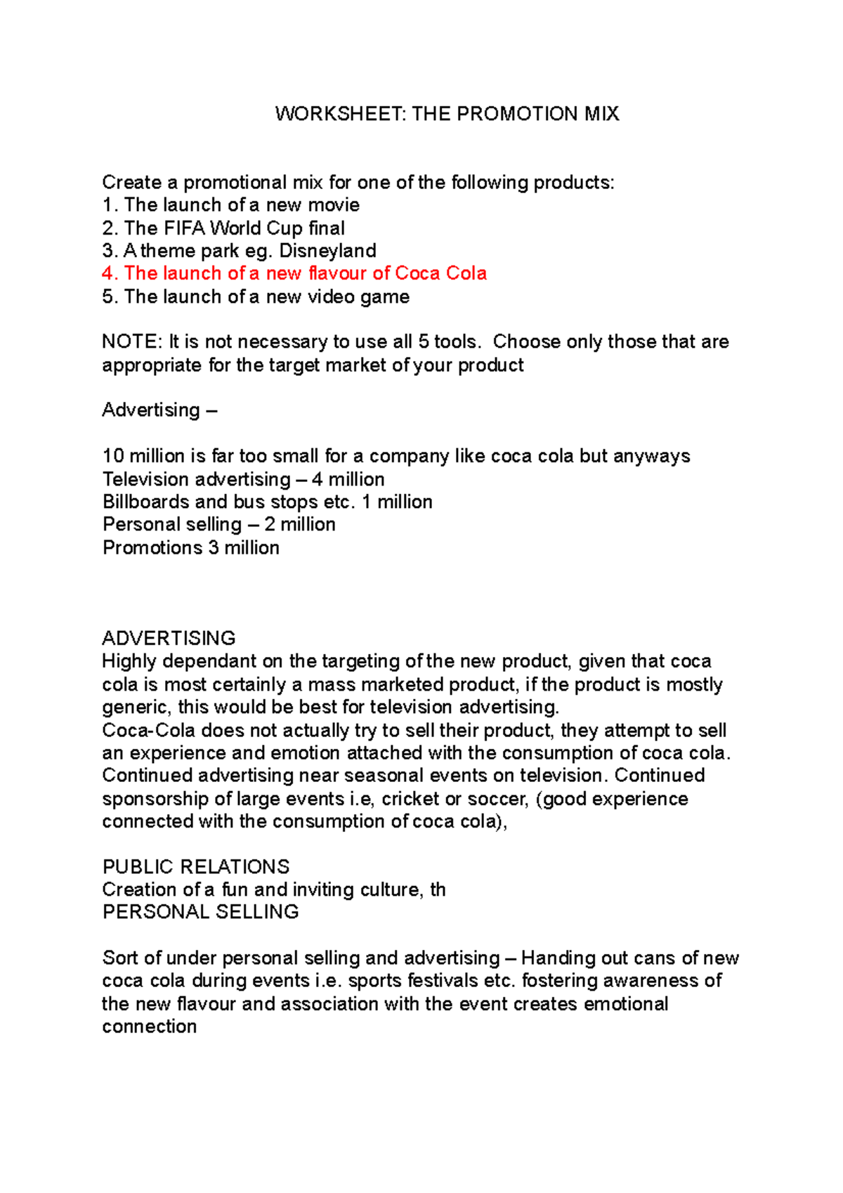 Worksheet The Promotion Mix (Auto Recovered) - WORKSHEET: THE PROMOTION ...