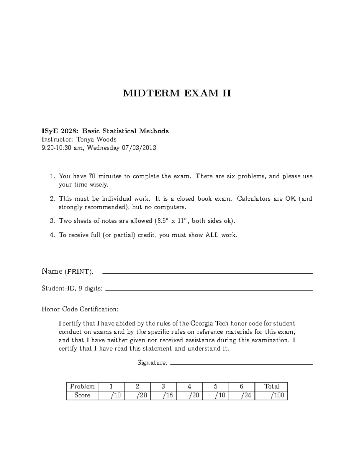 Exam 2 Solutions - MIDTERM EXAM II ISyE 2028: Basic Statistical Methods ...