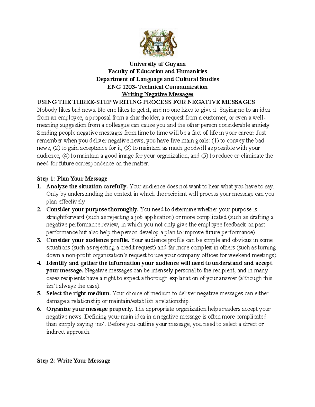 ENG 1203 How to Writing Negative Messages - University of Guyana ...