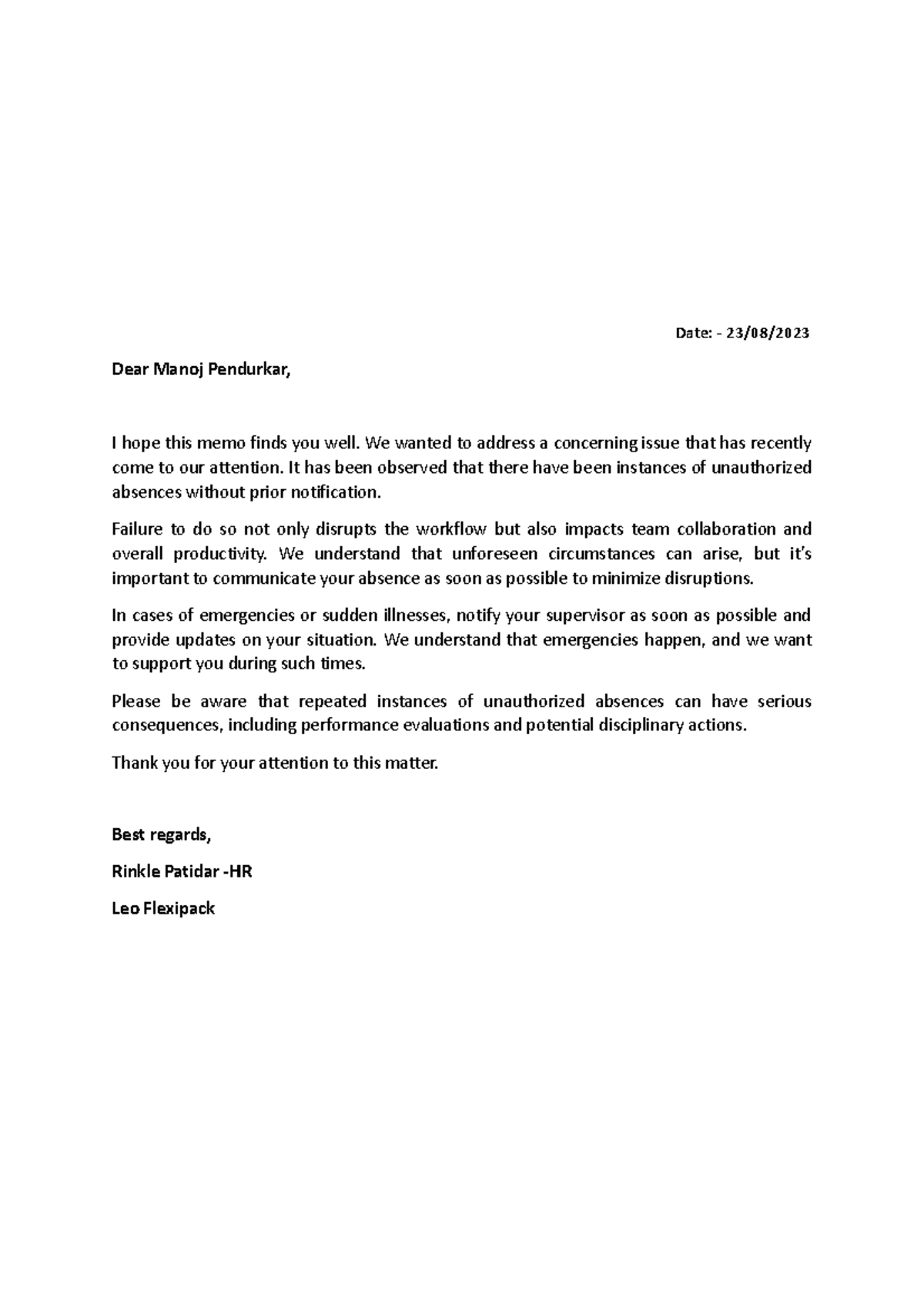 Absentisiom MEMO - knowledge - Date: - 23/08/ Dear Manoj Pendurkar, I ...