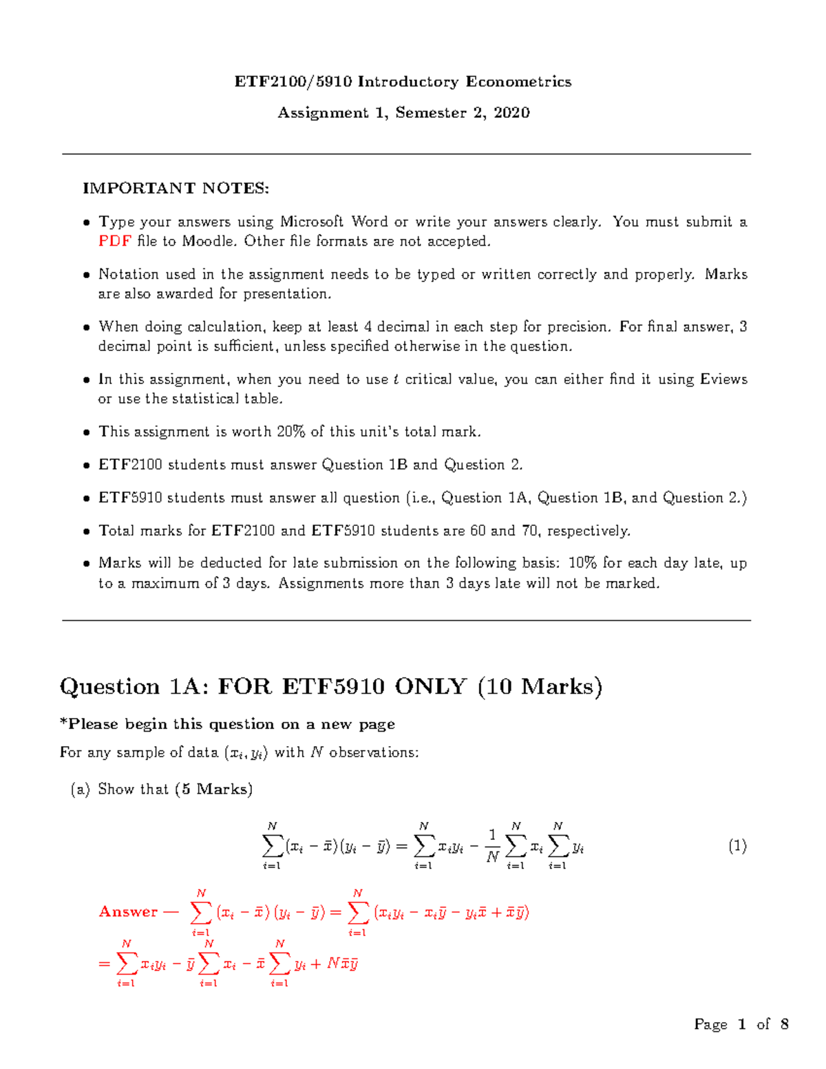 ETF2100 5910 Assignment 1 2020 S2 Solution - ETF2100/5910 Introductory Econometrics Assignment 1 ...