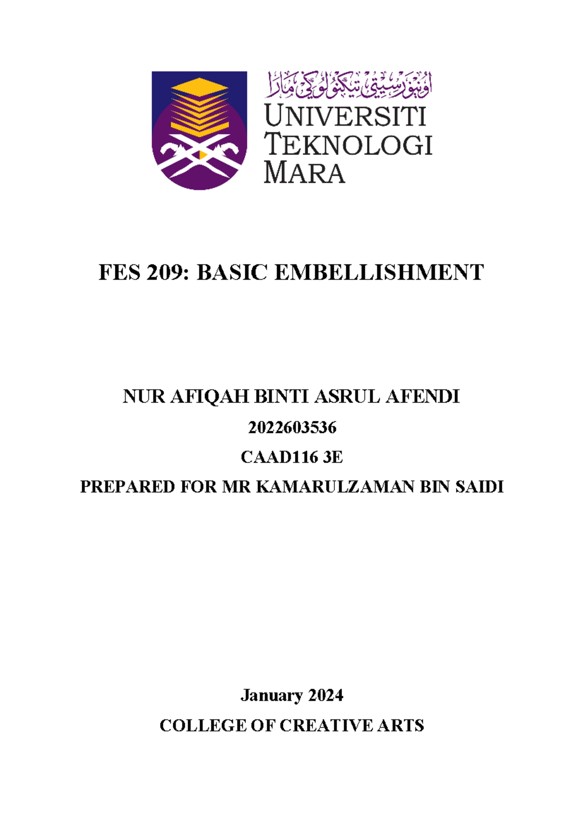 Basic Embellishment Report - FES 209: BASIC EMBELLISHMENT NUR AFIQAH ...