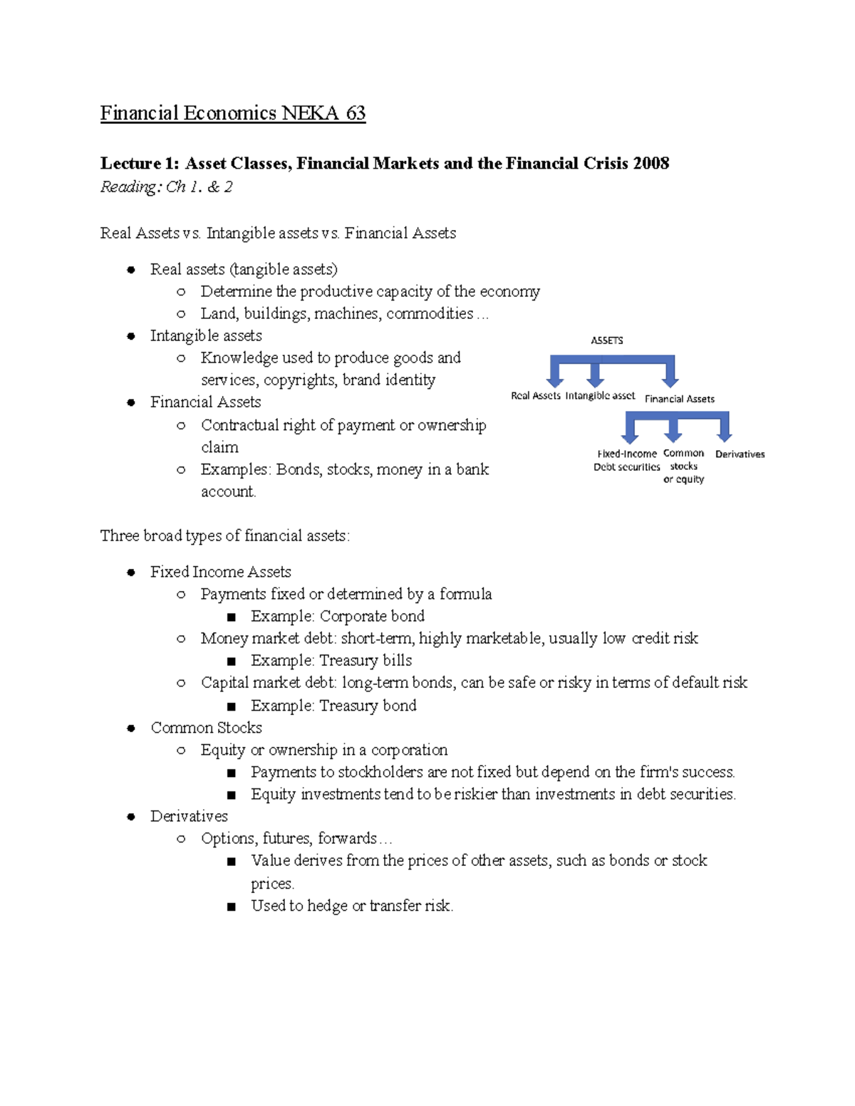 Financial Economics - Notes - Financial Economics NEKA 63 Lecture 1 ...