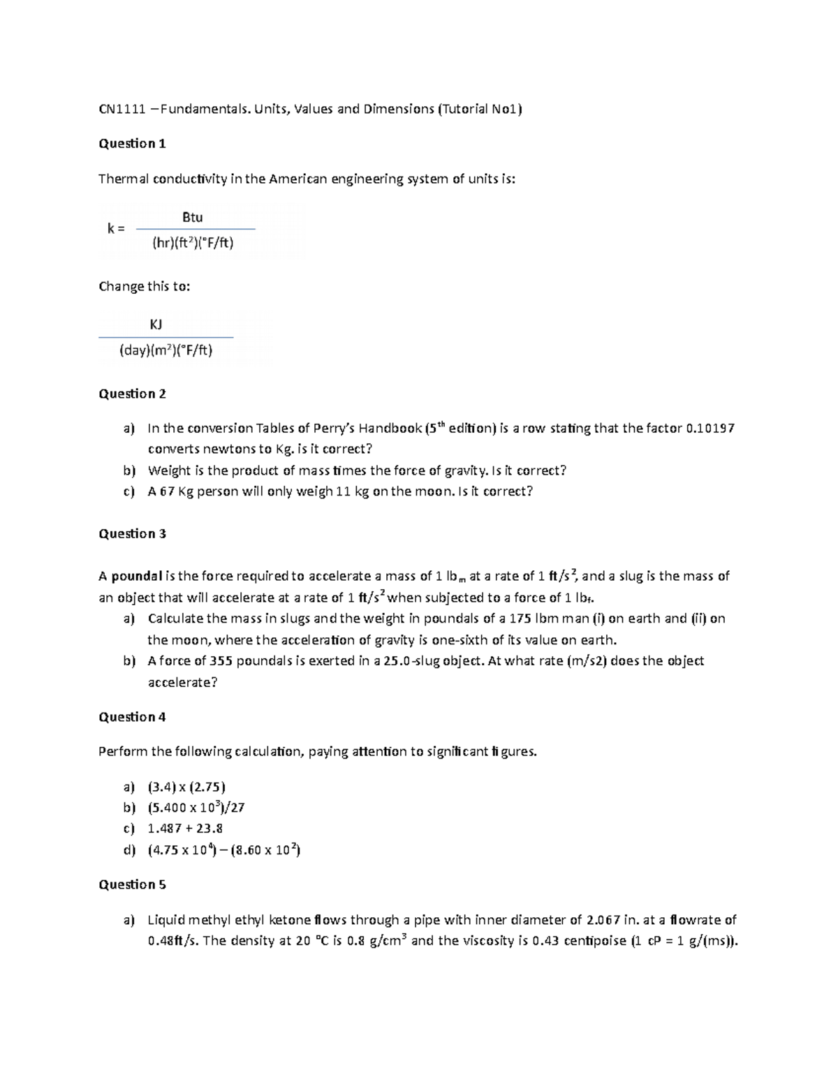Tutorial 1 - CN1111 – Fundamentals. Units, Values and Dimensions ...