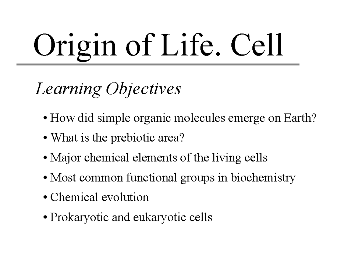 1 Origin of LIfe - First lecture - Origin of Life. Cell Learning ...