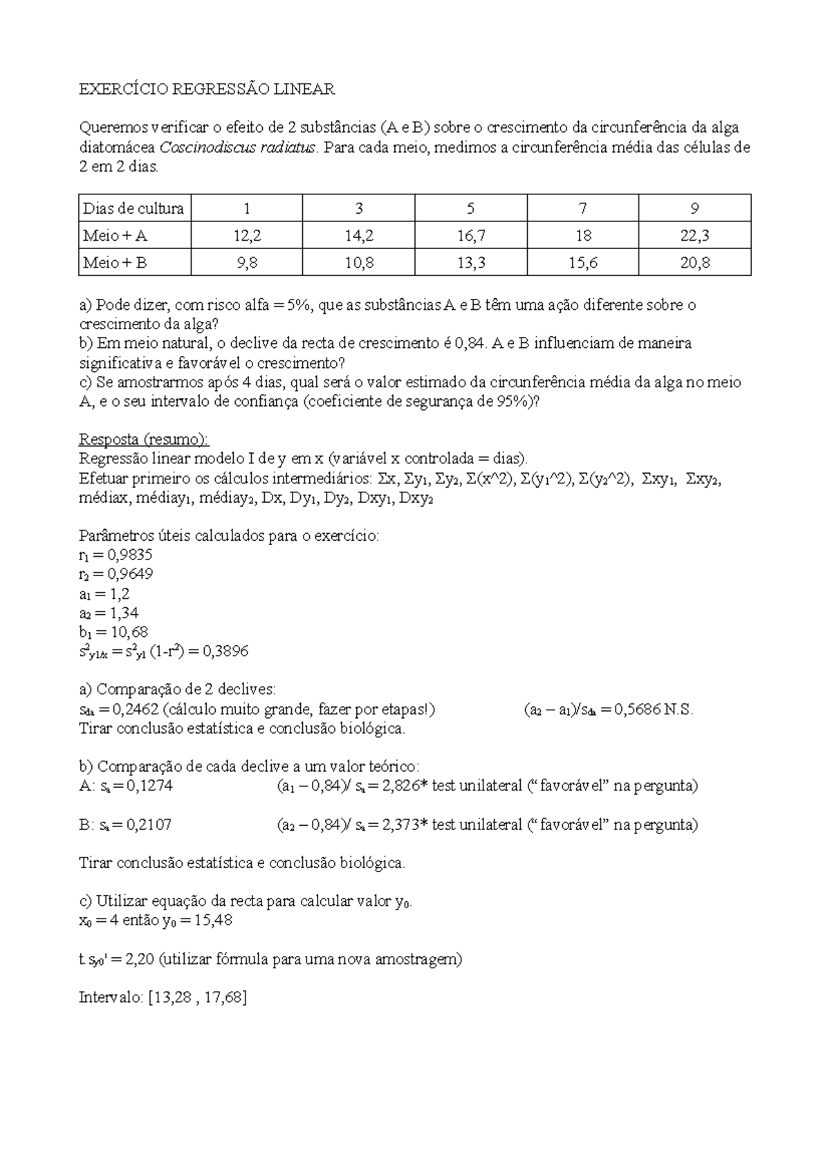 Exerc Ã­cio Regress Ã£o Linear-2 - EXERCÍCIO REGRESSÃO LINEAR Queremos verificar o efeito de 2 ...