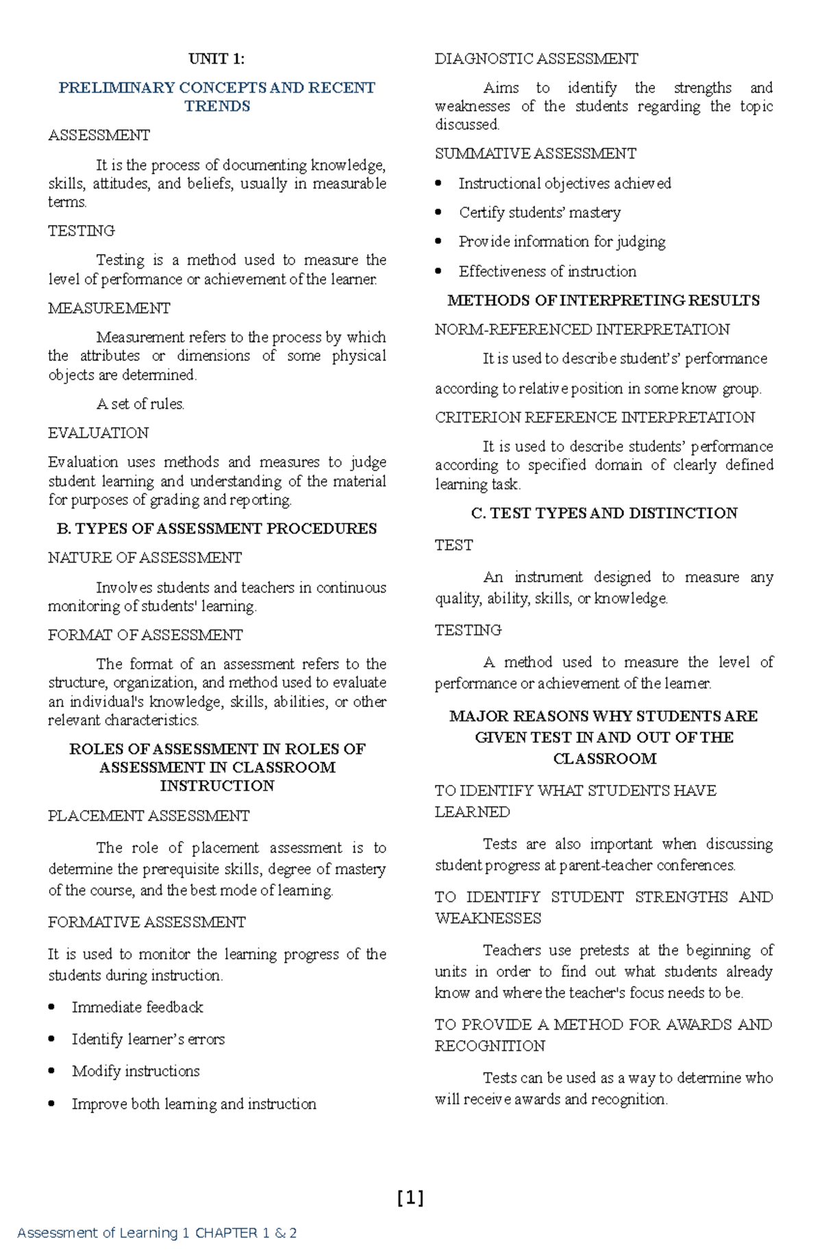 Assessment OF Learning 1 - UNIT 1: PRELIMINARY CONCEPTS AND RECENT ...