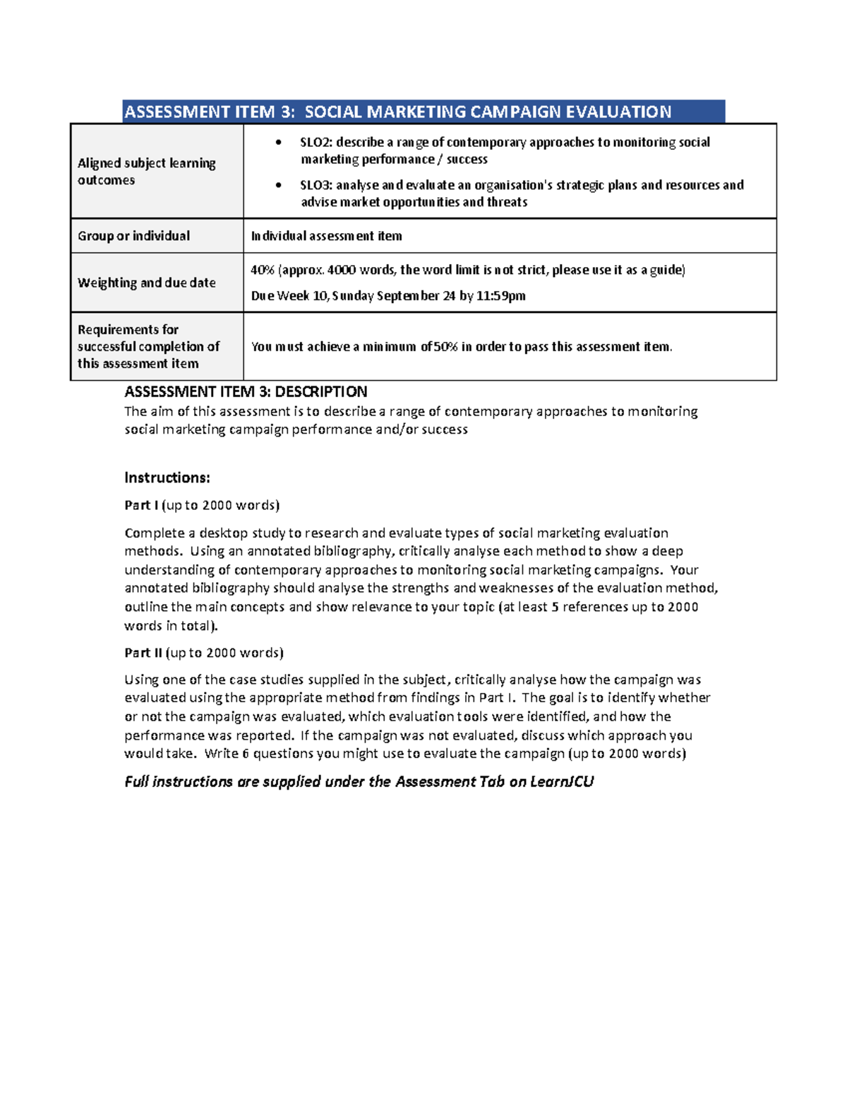 Assessment 3 SM Campaign Evaluation - ASSESSMENT ITEM 3: SOCIAL ...