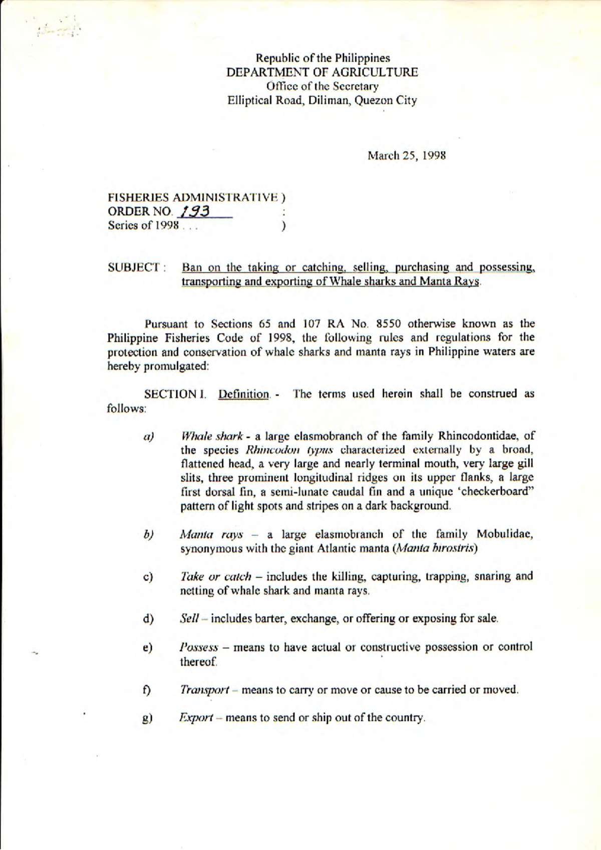 Laws Protecting Sharks - Republic of the Philippines DEPARTMENT OF ...