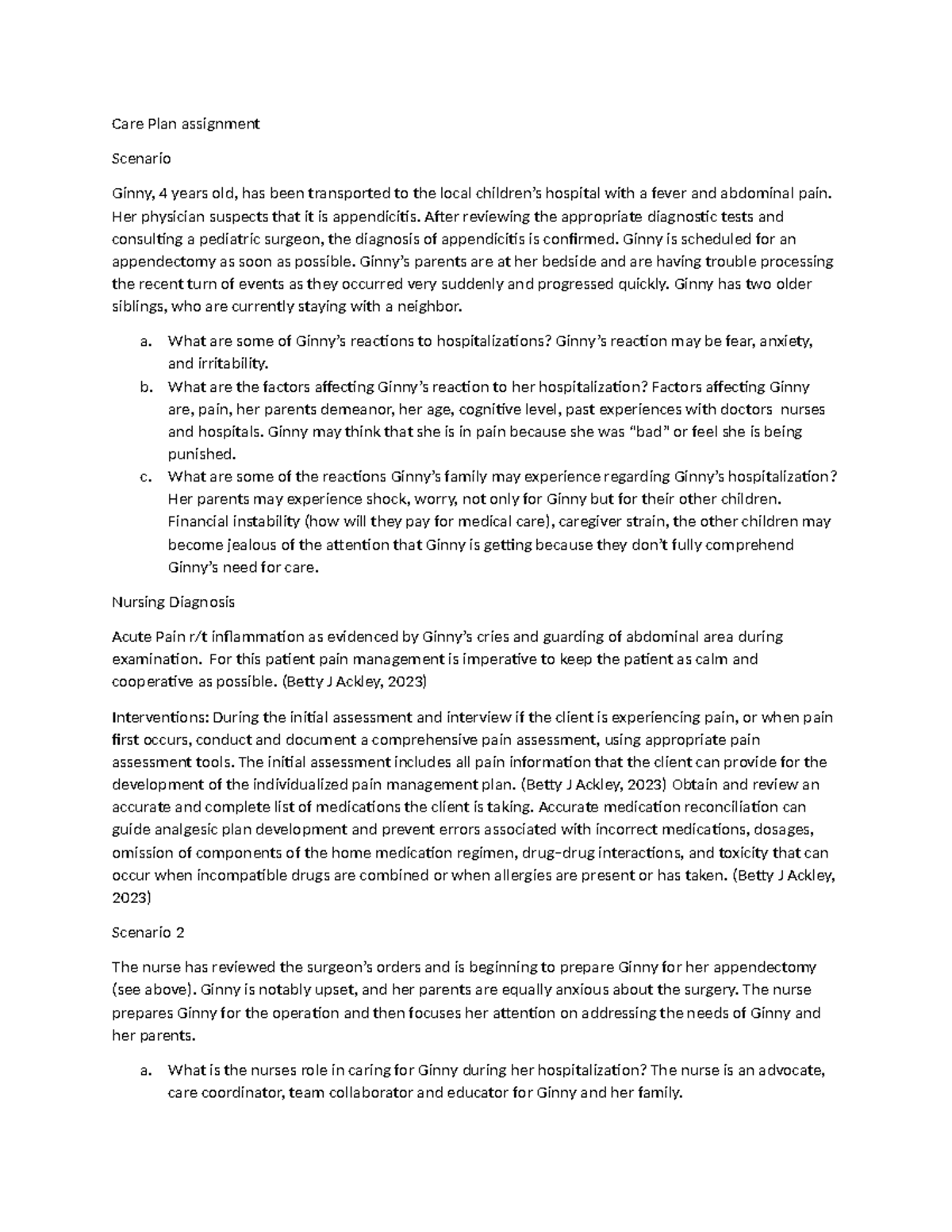 Care Plan Appendicitis - Care Plan assignment Scenario Ginny, 4 years ...