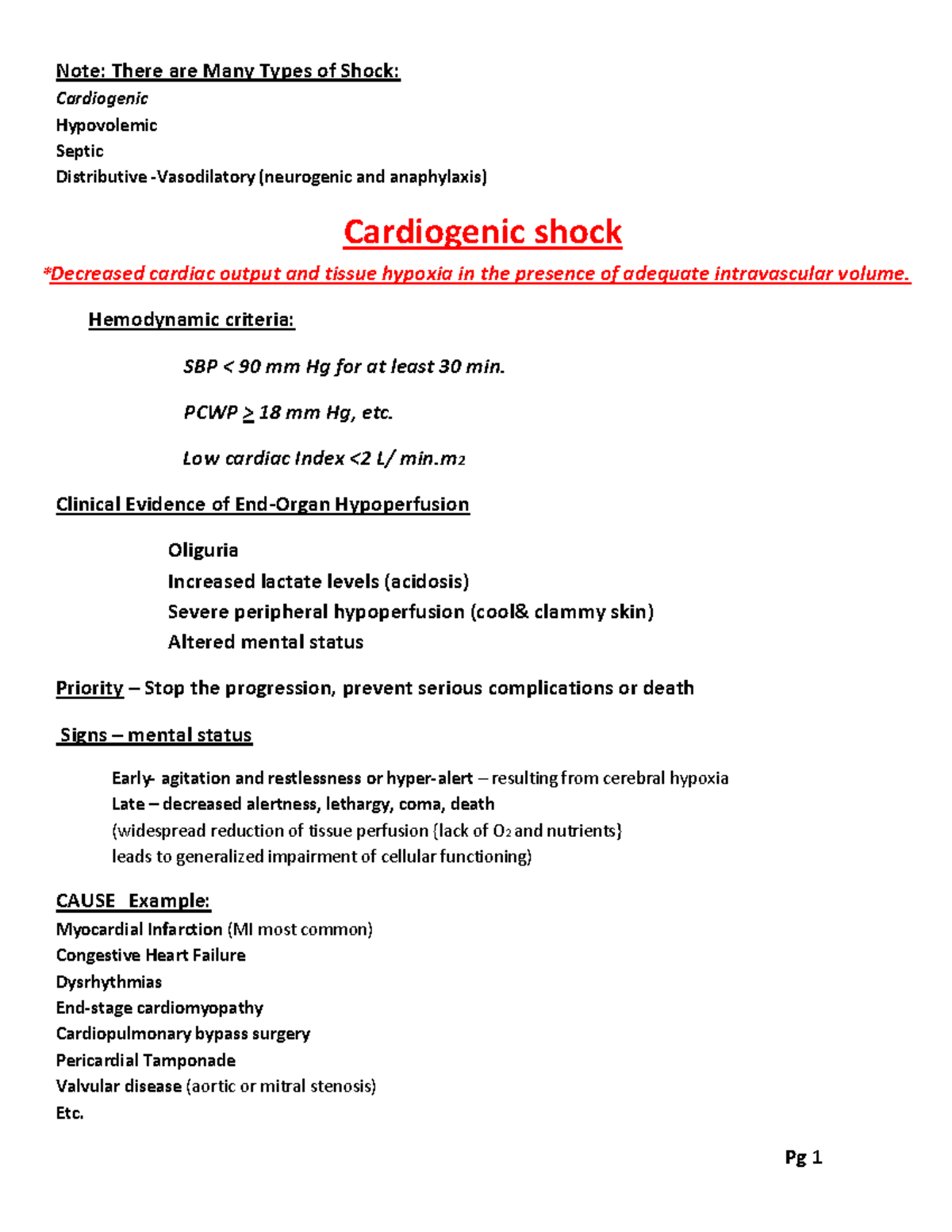 Z Cardiogenic Shock 23 - lecture notes cardiac - Note: There are Many ...
