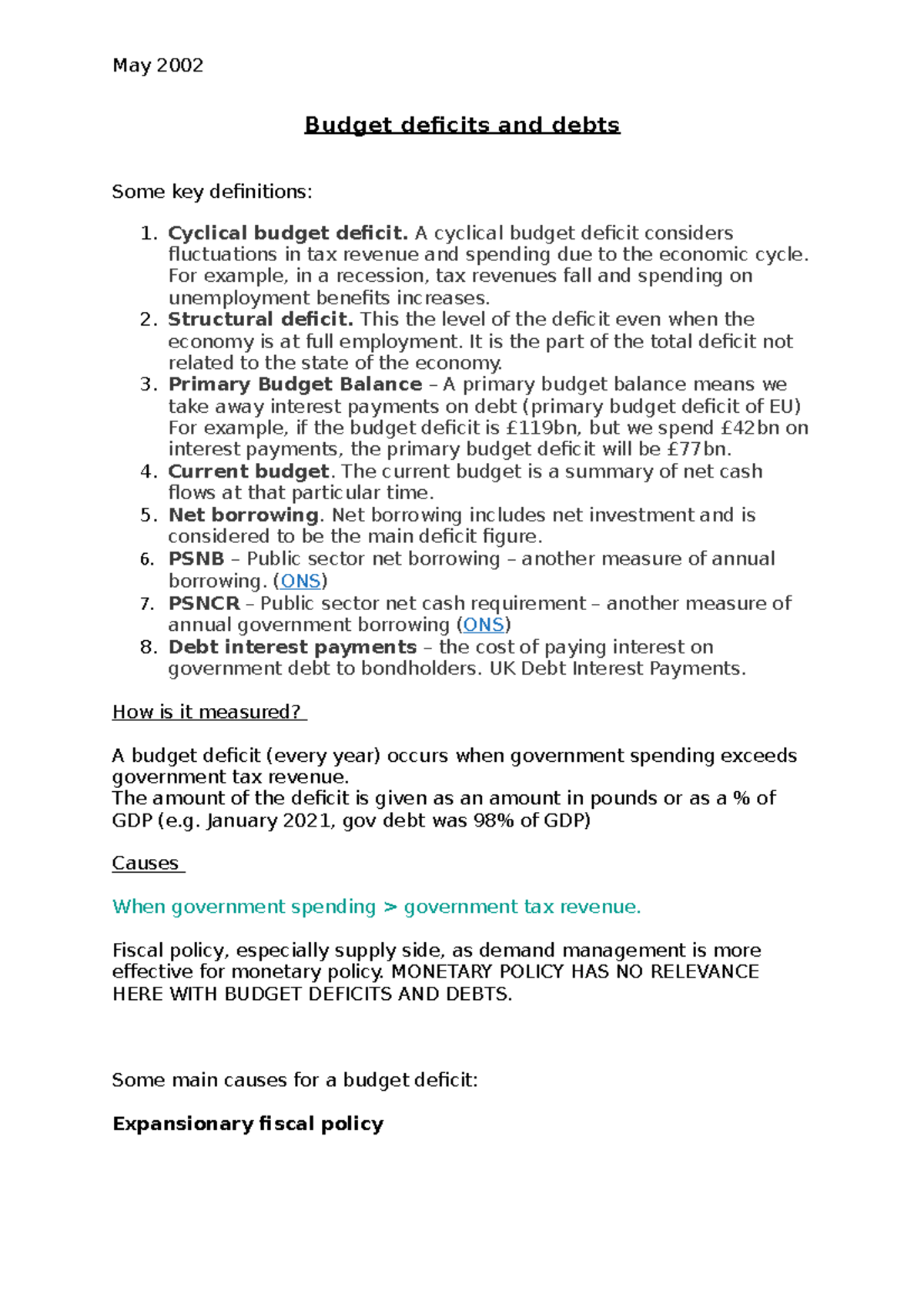 Budget defcits and debts - Budget deficits and debts Some key ...