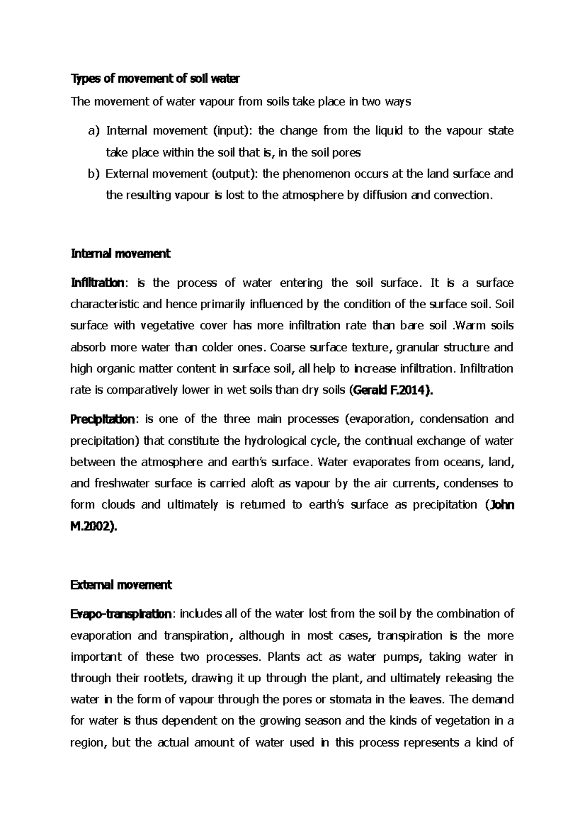 Types of movement of soil water - Internal movement Infiltration : is ...