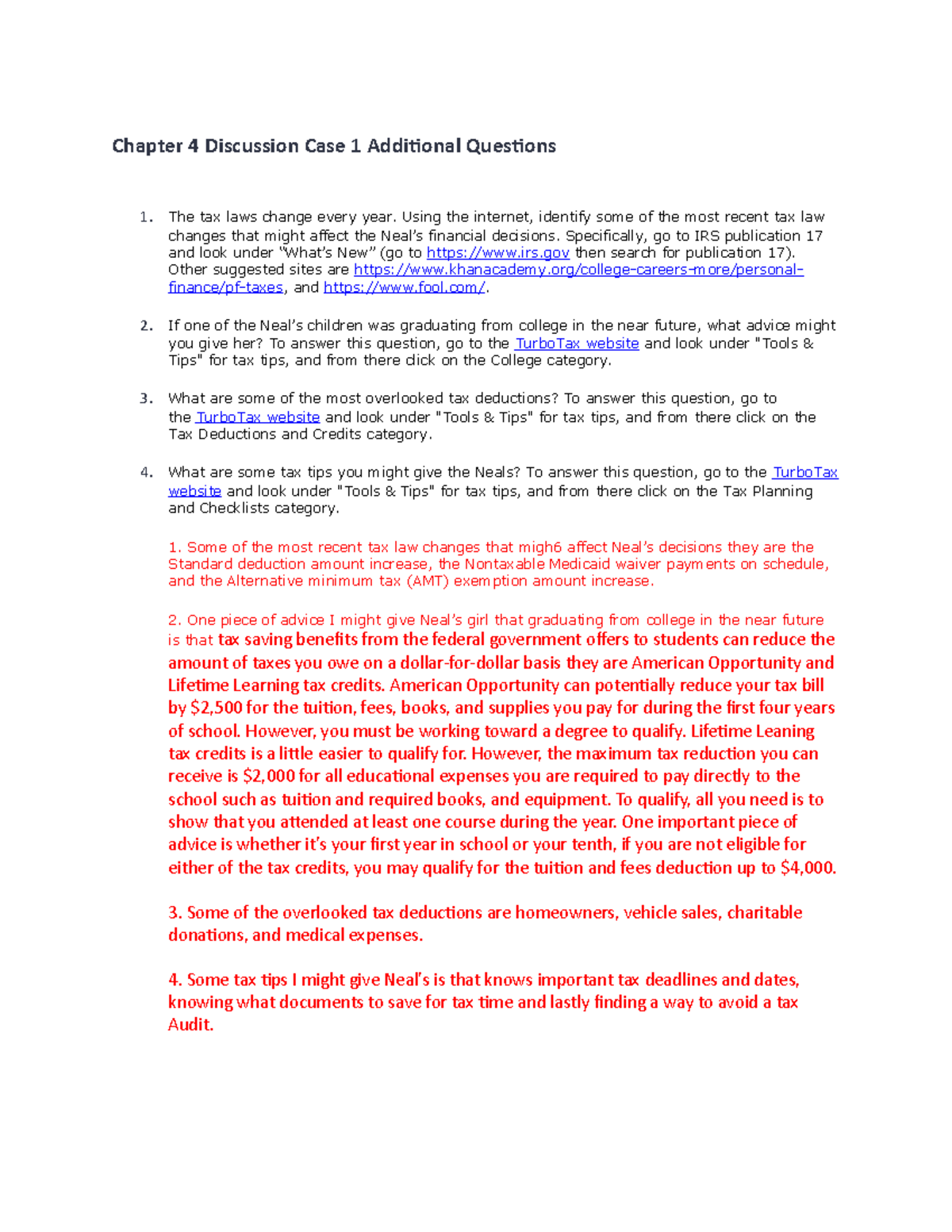 Chapter 4 Discussion Case 1 Additional Questions - FIN 3402 - Valencia ...