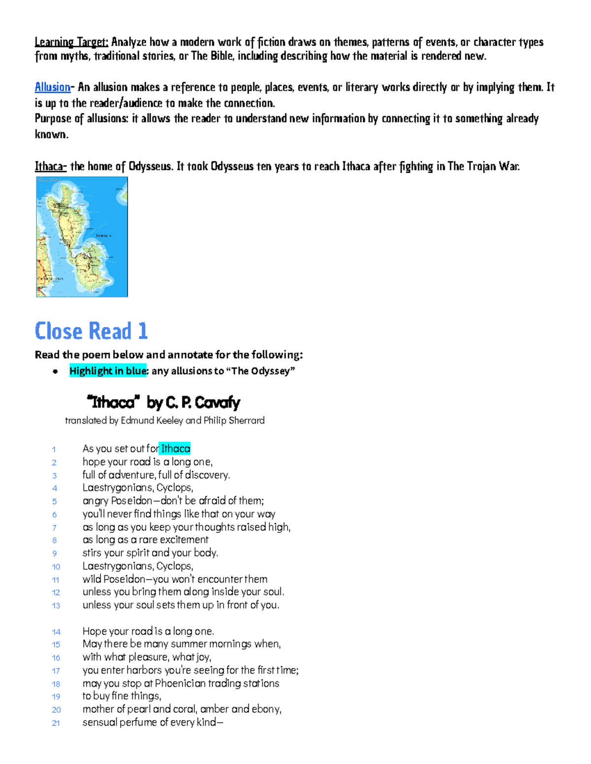 Copy of Ithaca by C.P. Cavafy pppp - Learning Target: Analyze how a ...