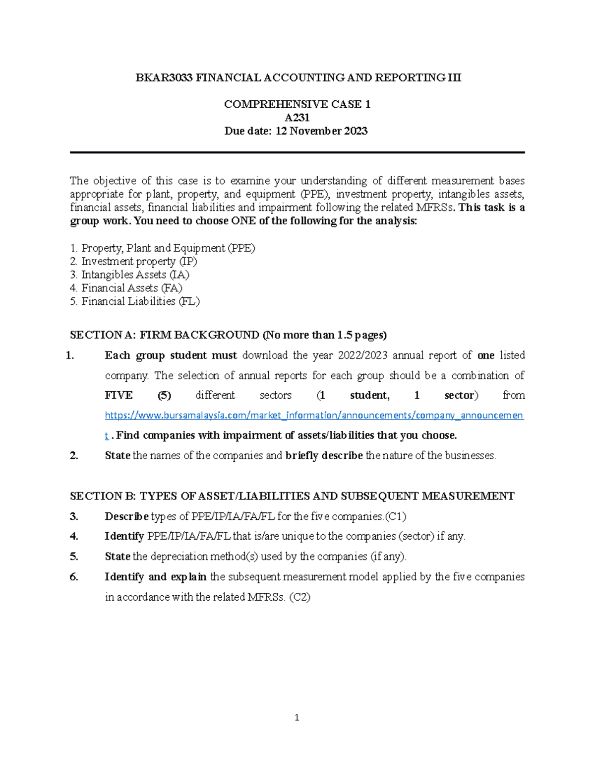 FAR3 CC 1 - comprehensive case 1 - BKAR3033 FINANCIAL ACCOUNTING AND ...